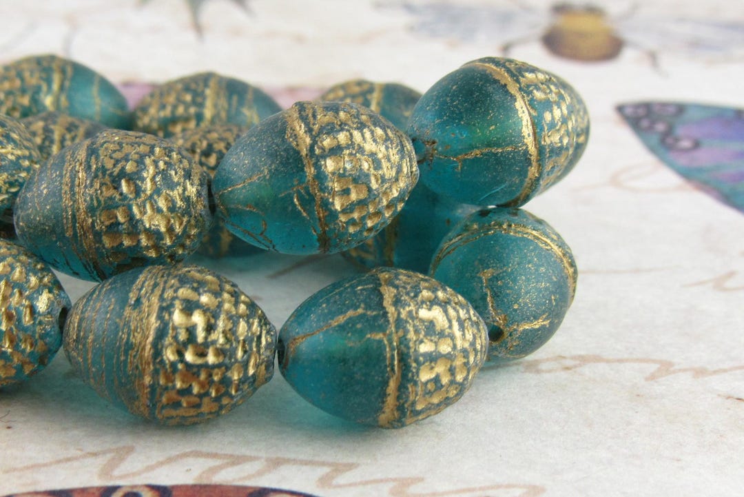 12mm Gold Finish Blue Acorn Beads, Teal Acorn Czech Glass Beads (2, 4 ...