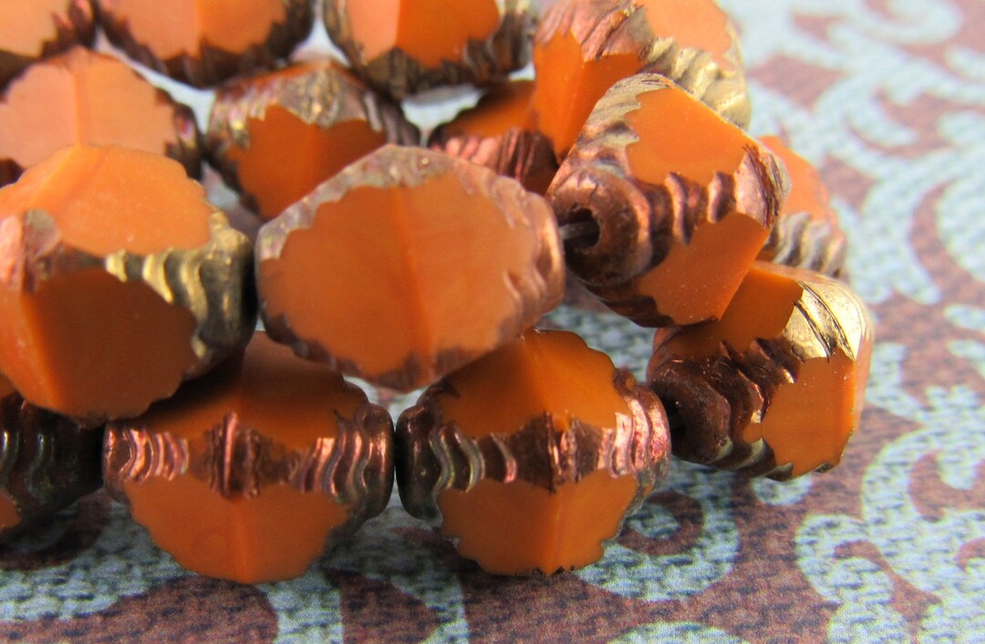 10x8 Orange Carved Bicone Czech Glass Beads, Pumpkin Orange With Gold ...