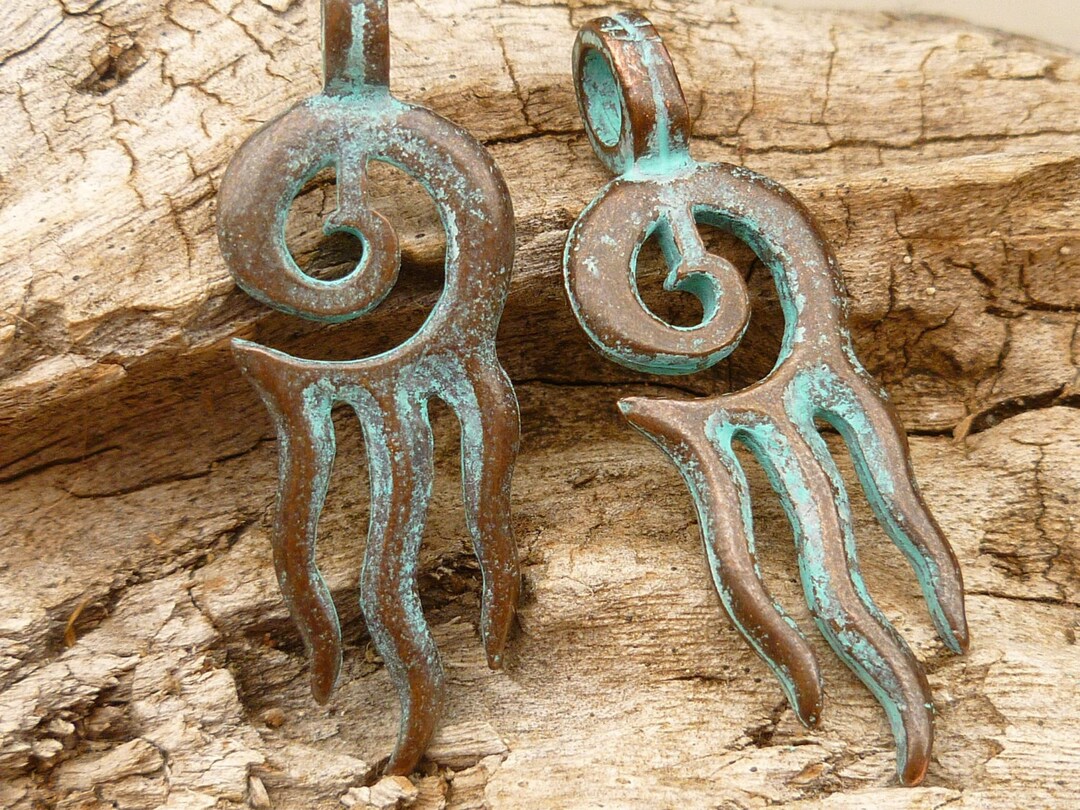 Rustic Patina Flame Pendant, Patina Stylized Calamari Charm, Mykonos ...