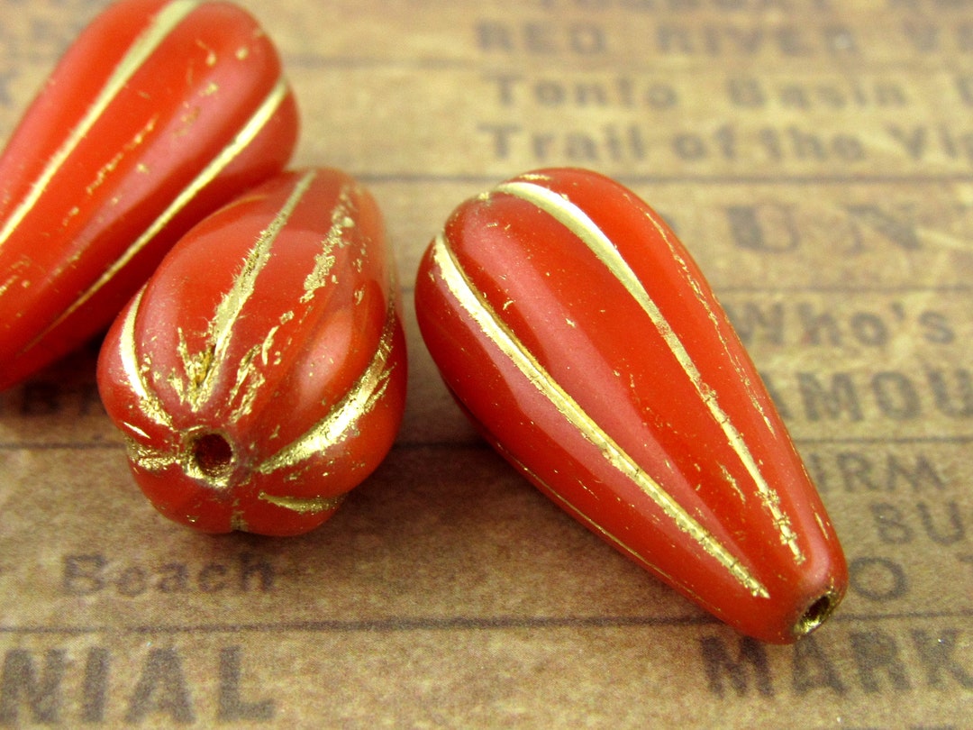 22x11 Red Teardrop Glass Bead, Melon Drop Czech Pressed Glass Bead ...
