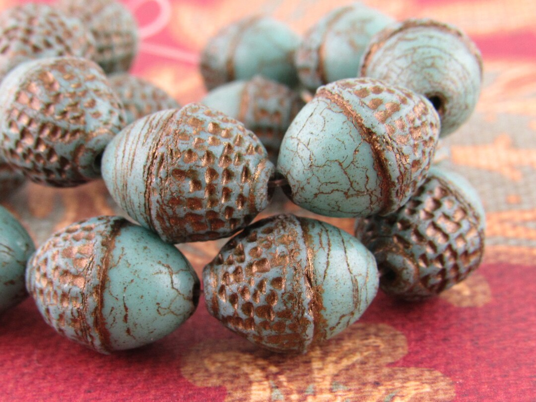 12mm Rustic Blue Acorn Beads, Turquoise Acorn Czech Glass Beads ...