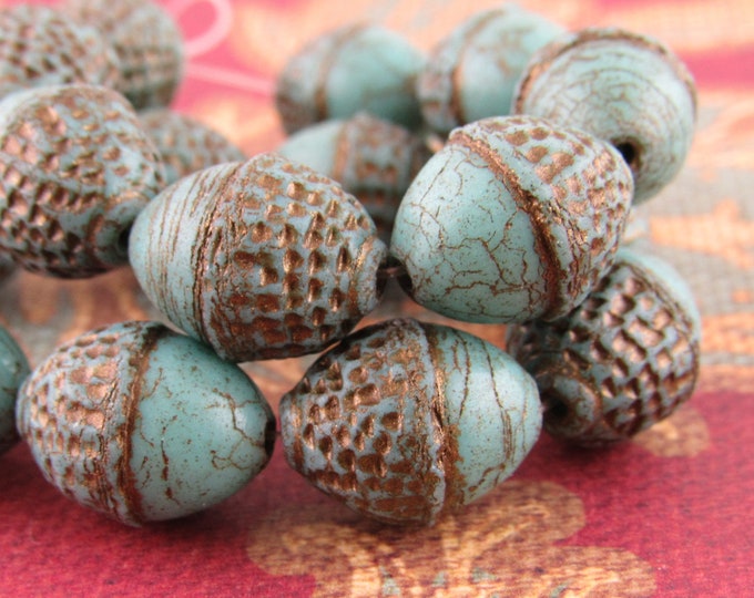 12mm Rustic Blue Acorn Beads, Turquoise Acorn Czech Glass Beads ...