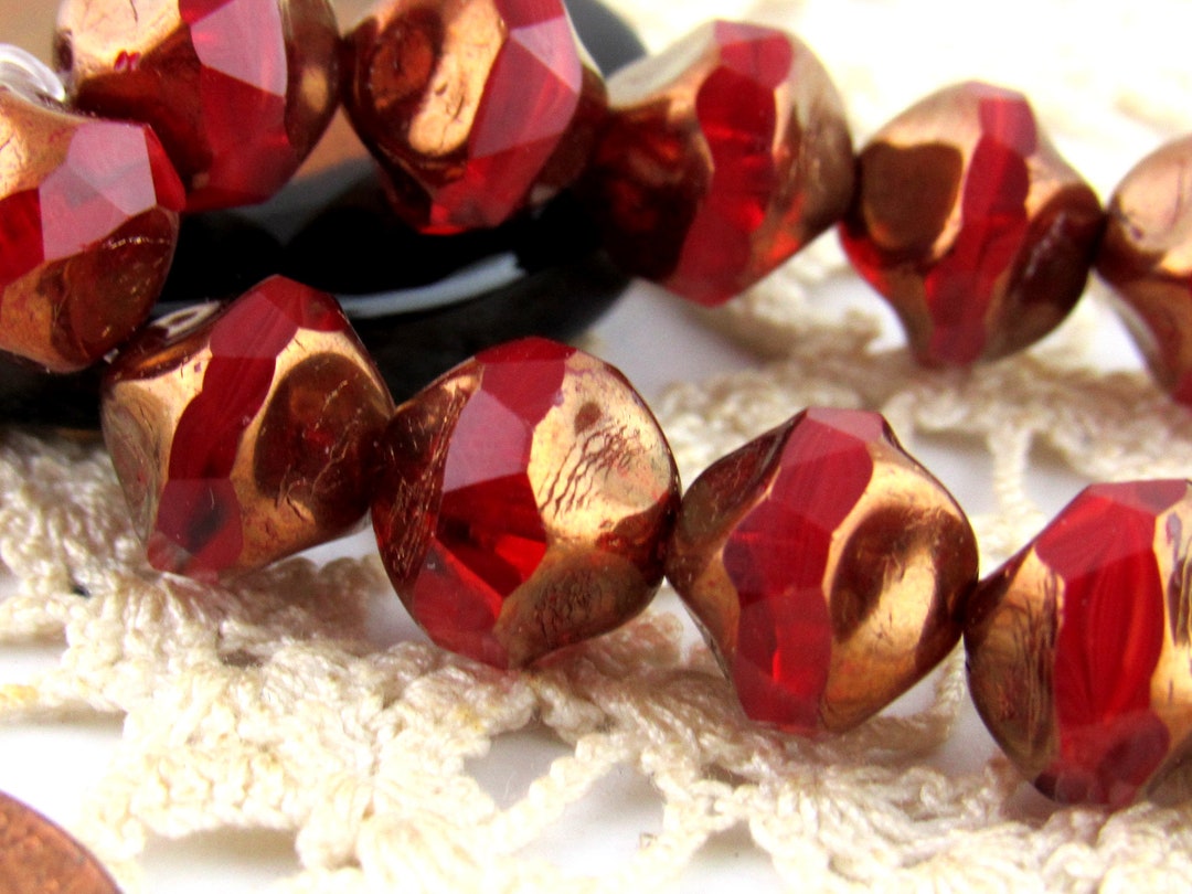 9mm Ruby Red Baroque Czech Glass Beads, Metallic Bronze Czech Glass ...