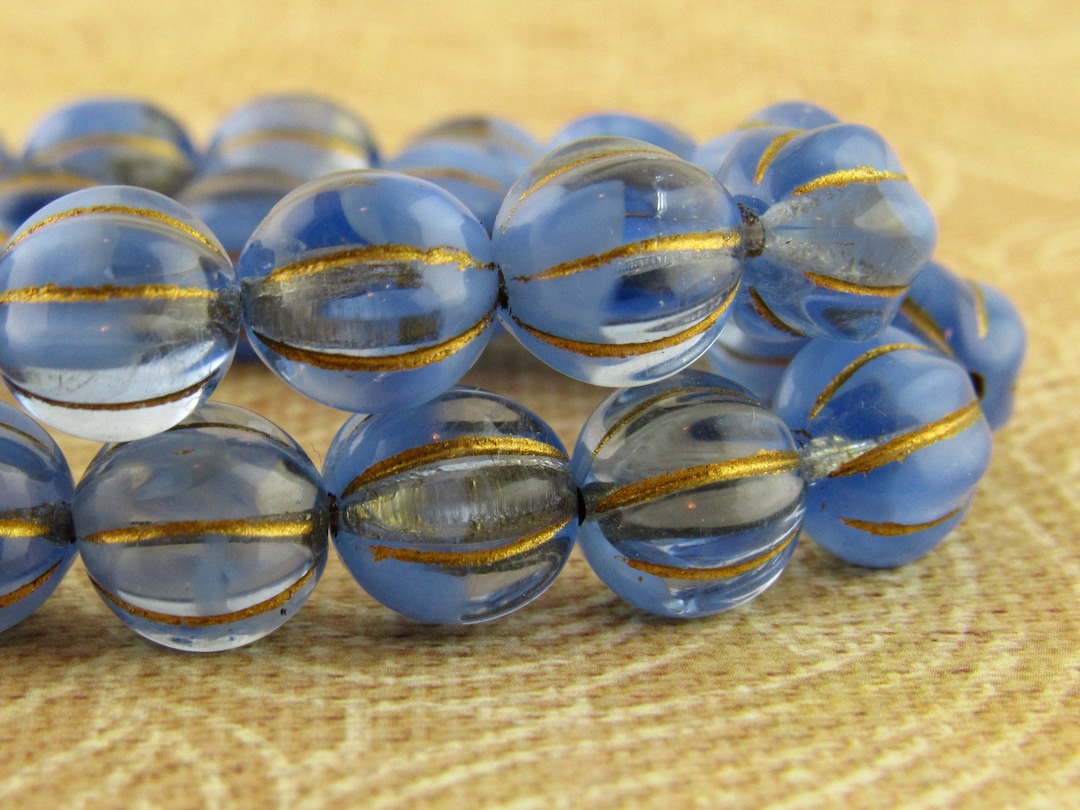 8mm Light Blue Czech Glass Bead, Periwinkle Melon Round Bead (10 or 20 ...