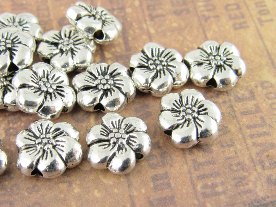 10mm Hawaiian Flower Spacer Beads, Silver Tone Tibetan Metal Flower ...
