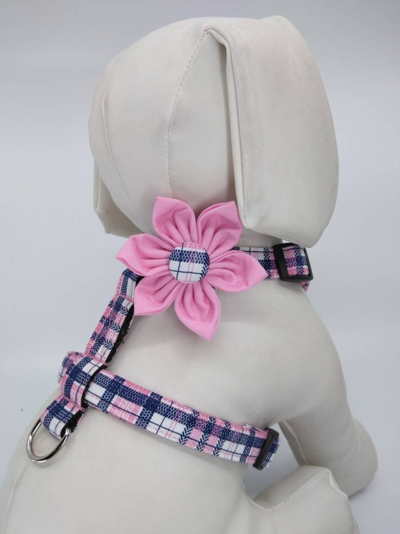 Dog Harness With Optional Flower Pink and Navy Plaid - Etsy