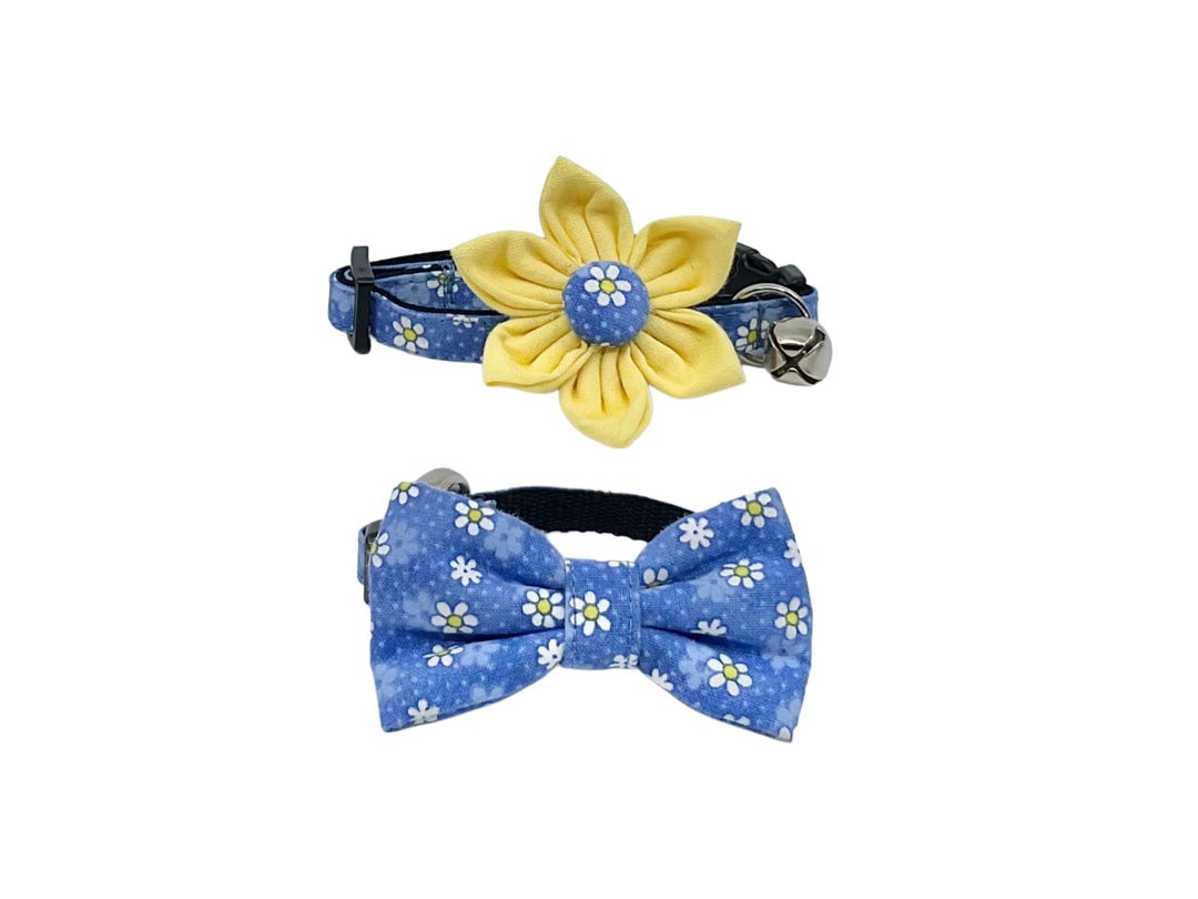 Blue Daisy Cat Collar With Optional Bow Tie or Flower, Available in 3 ...