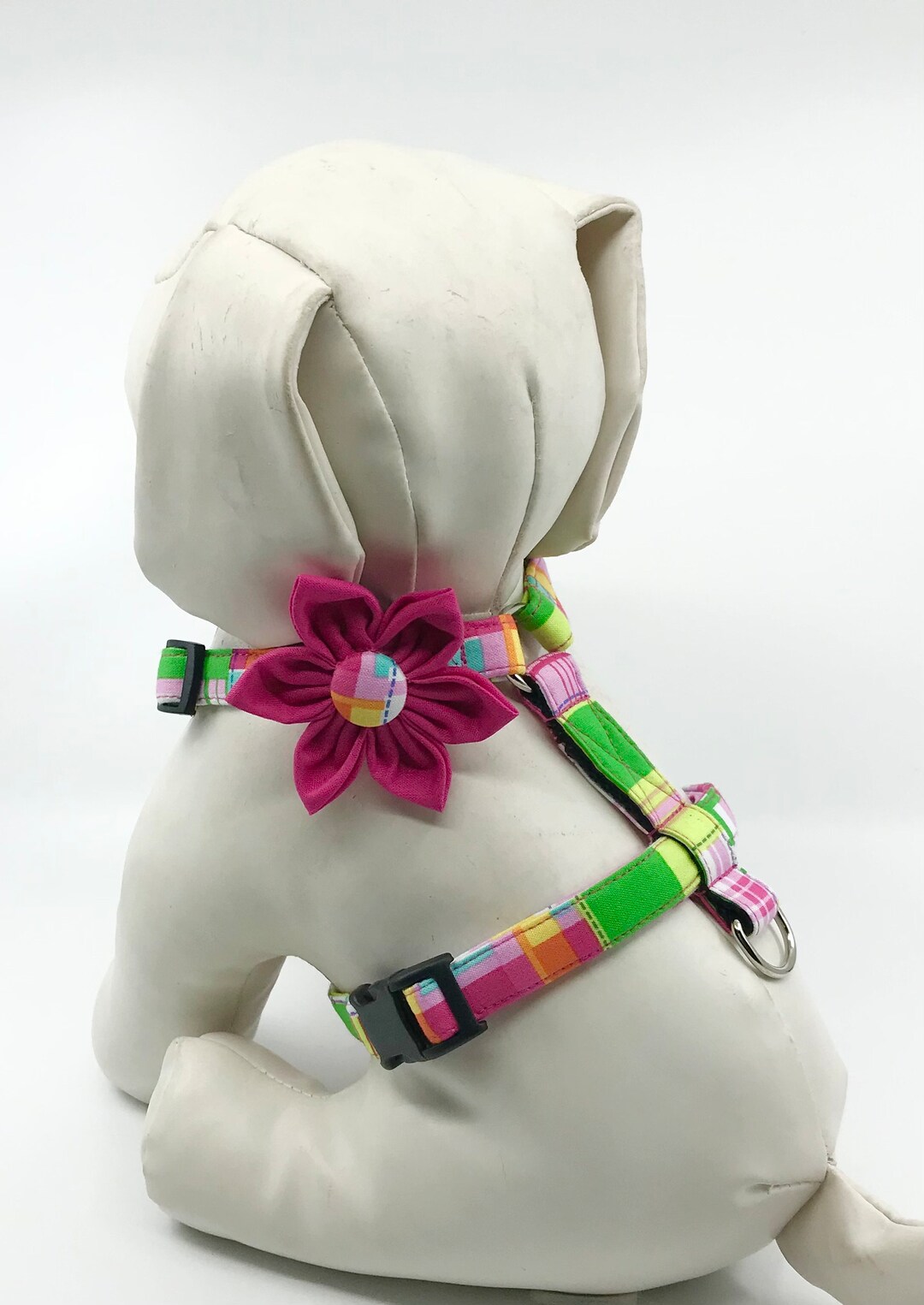 Dog Harness With Optional Flower, Pink Patchwork Plaid, Adjustable Pet ...