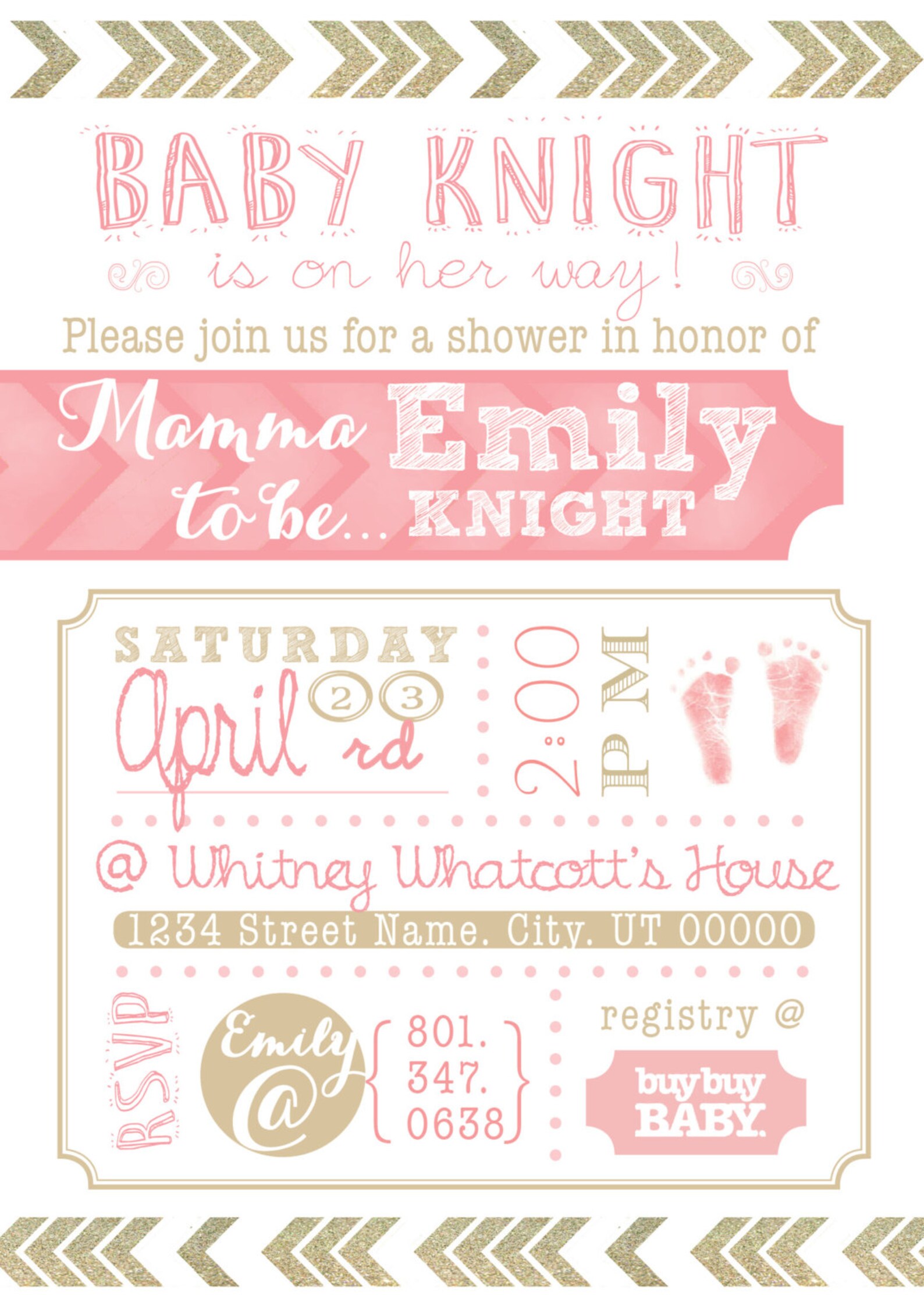 Pink and Gold Chevron Baby Shower Invitation - Etsy