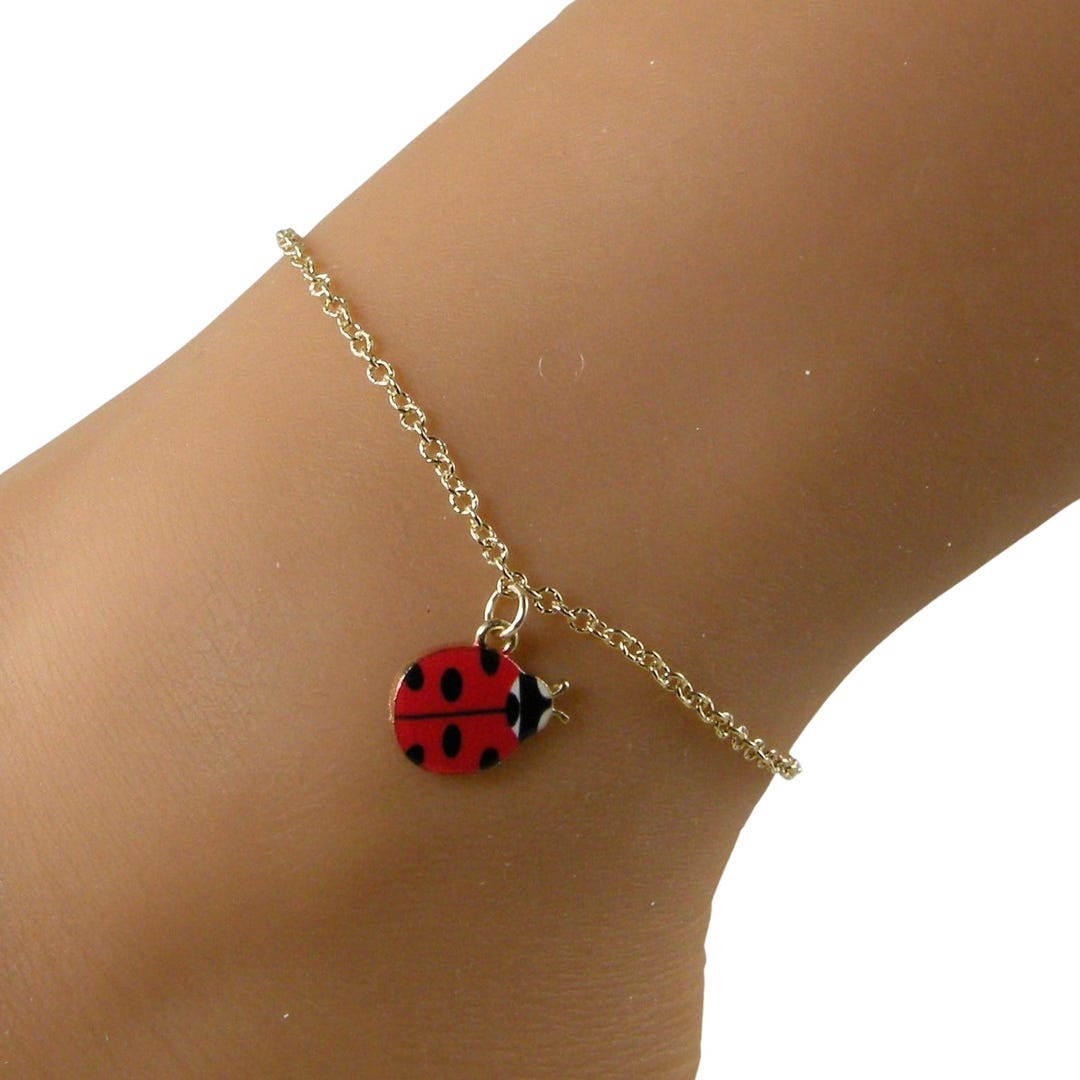 Red Ladybug Charm Anklet: 14k Gold Filled Chain Lady Bug Ankle Bracelet ...