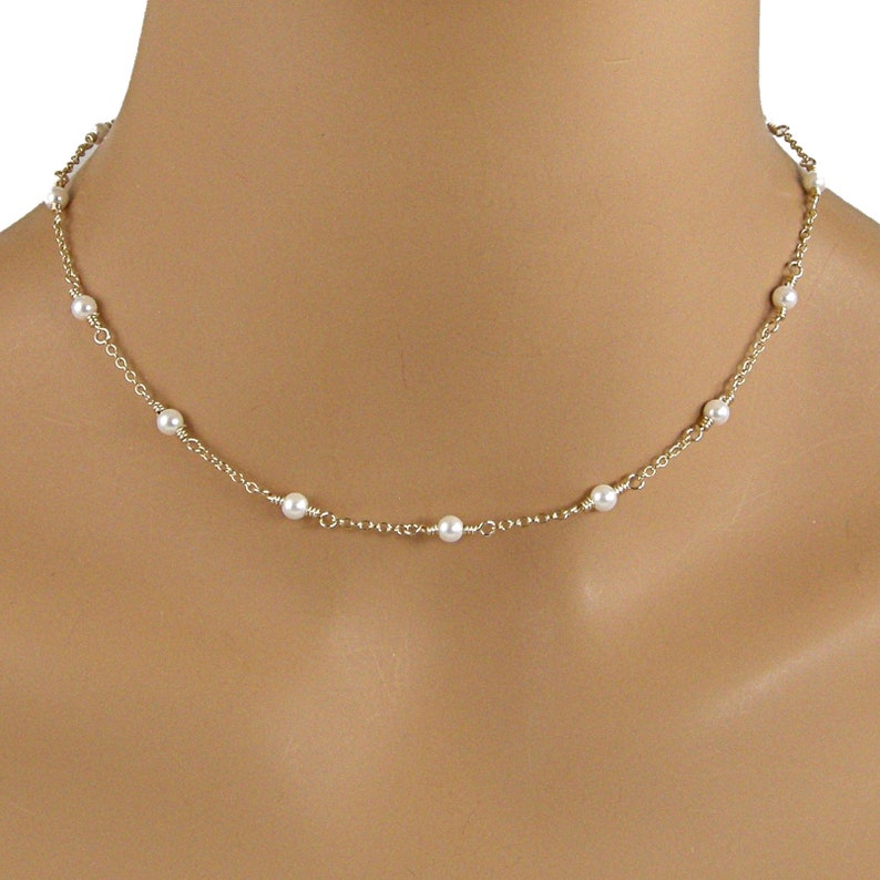 Dainty Pearl Necklace, Gold Chain Pearl Station Necklace, Tin Cup Pearl ...