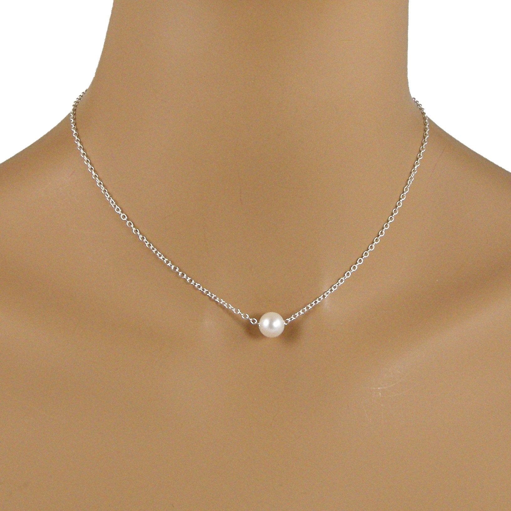 Single White Pearl Sterling Silver Floating Pearl Necklace, 9mm ...