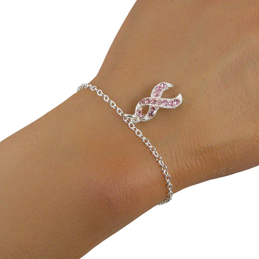 Dainty Pink Ribbon Crystal Breast Cancer Awareness Bracelet, Pink ...