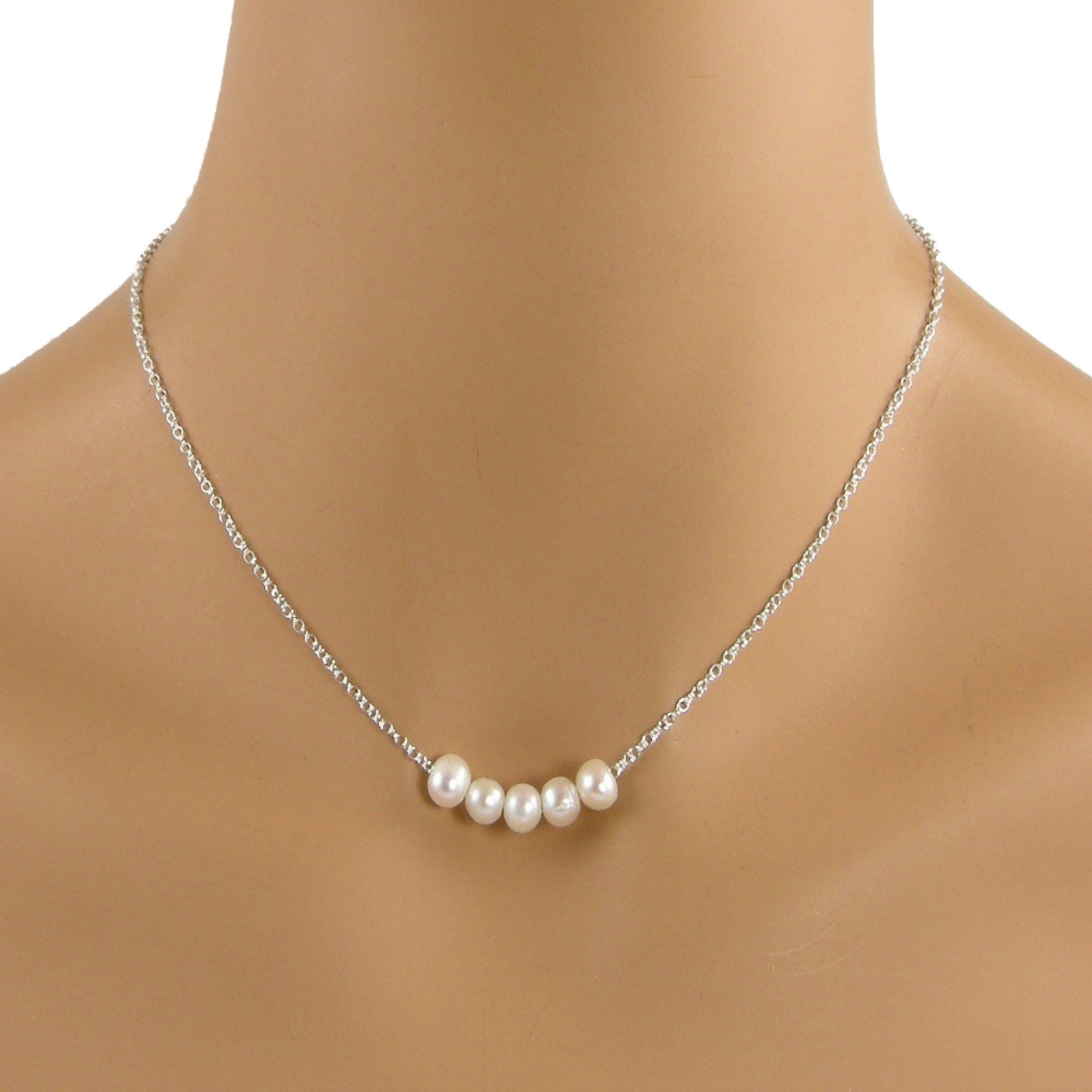 Five Pearl Sterling Silver Necklace Floating Pearl Necklace Etsy Canada
