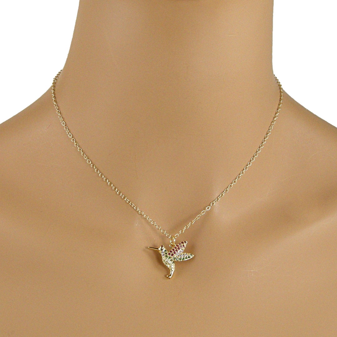 Multi-colored Gold Hummingbird Necklace, Gold Chain Hummingbird ...