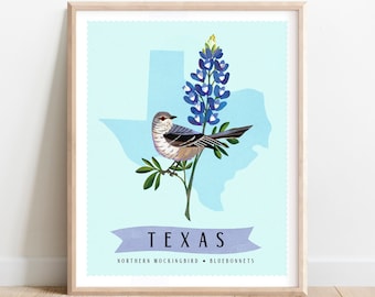 Texas State Bird and State Flower Art Print - Mockingbird and ...