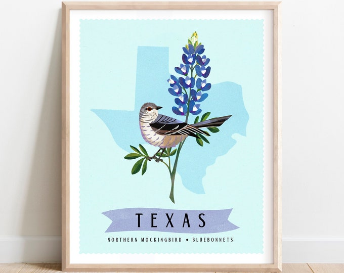 Texas State Bird and State Flower Art Print - Mockingbird and ...