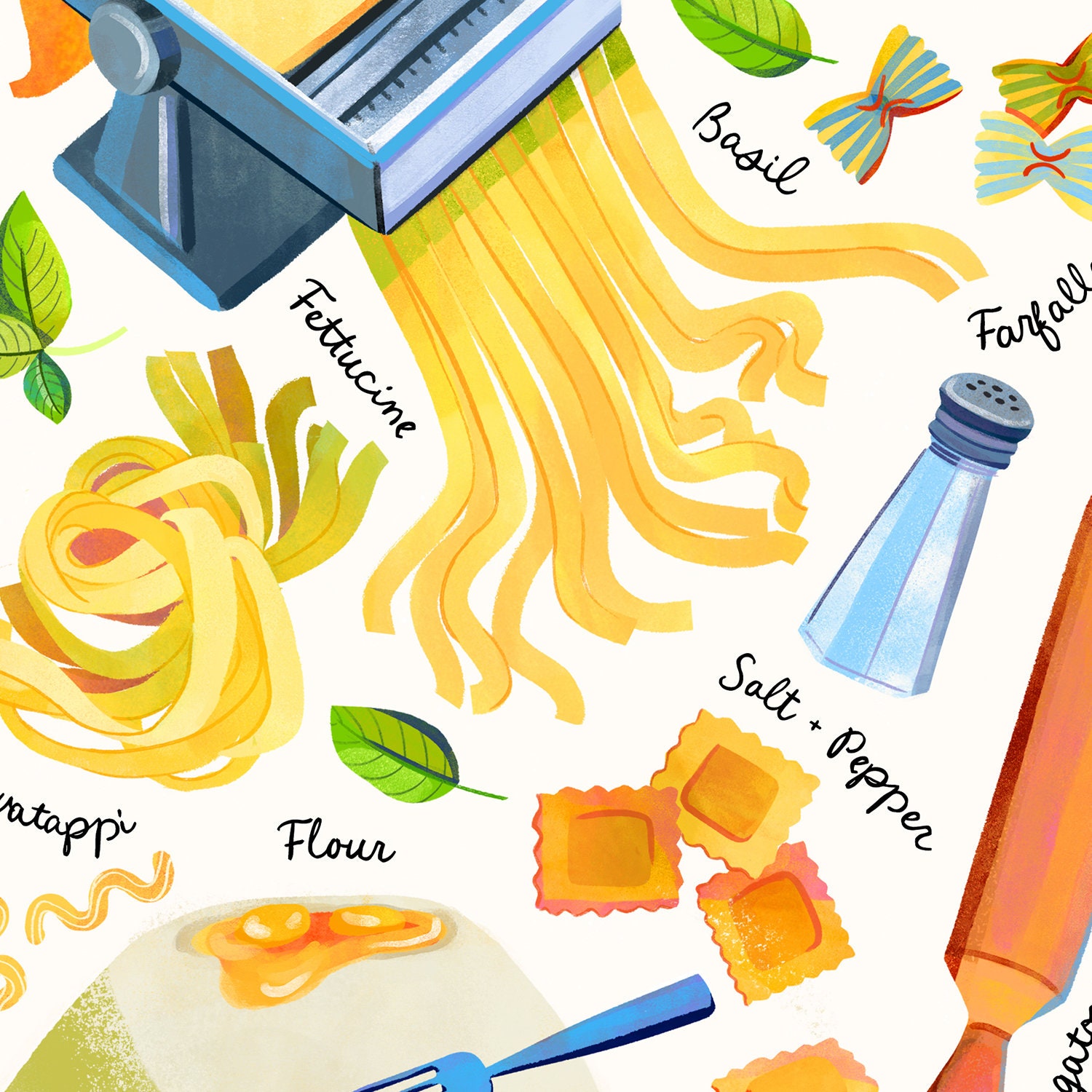 Pasta Making Art Print 8x10, 11x14 Inches Cooking Illustration Kitchen ...