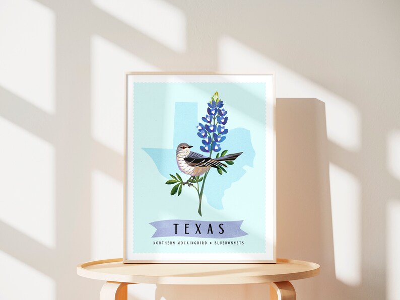 Texas State Bird and State Flower Art Print - Mockingbird and ...