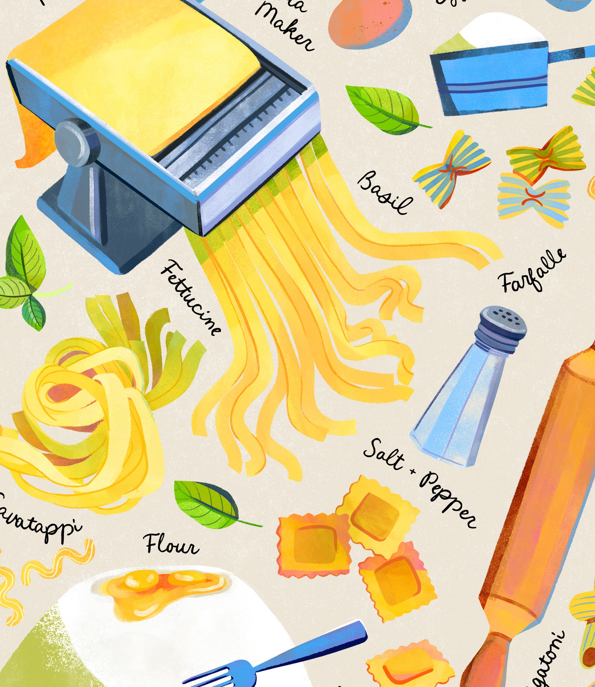 Pasta Making Art Print 8x10, 11x14 Inches Cooking Illustration Kitchen ...