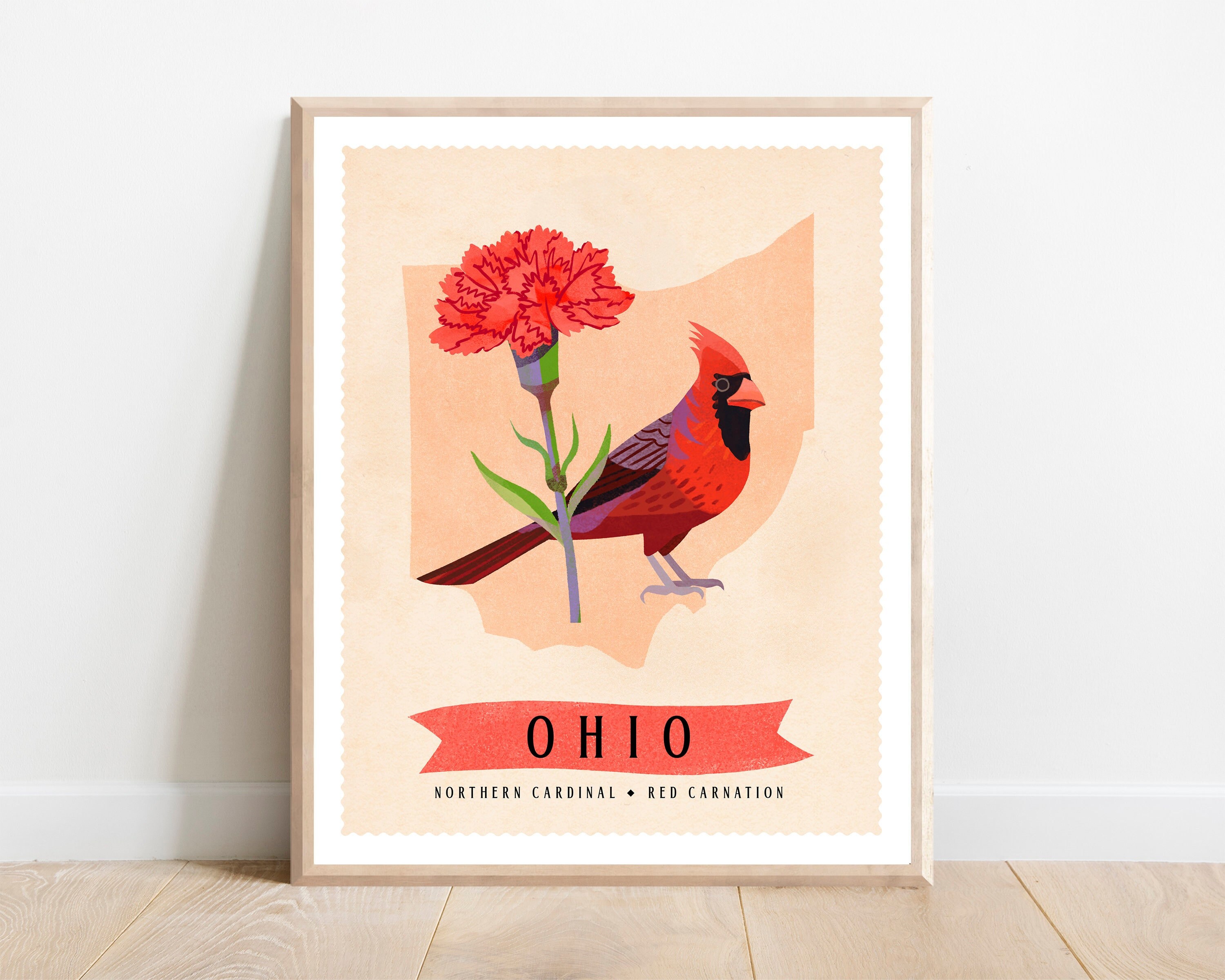 Ohio State Bird and State Flower Art Print Cardinal Carnation Botanical ...