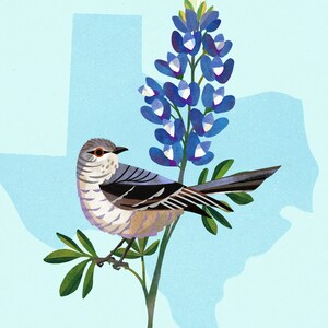 Texas State Bird and State Flower Art Print - Mockingbird and ...