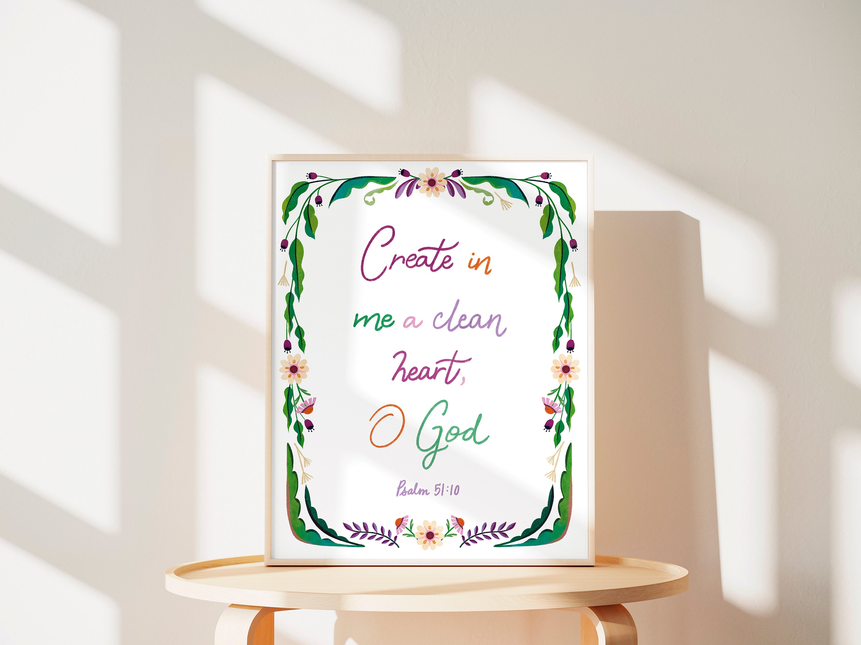 Floral Clean Heart (psalm 51:10) Bible Verse - Art Print - 8 X 10 ...