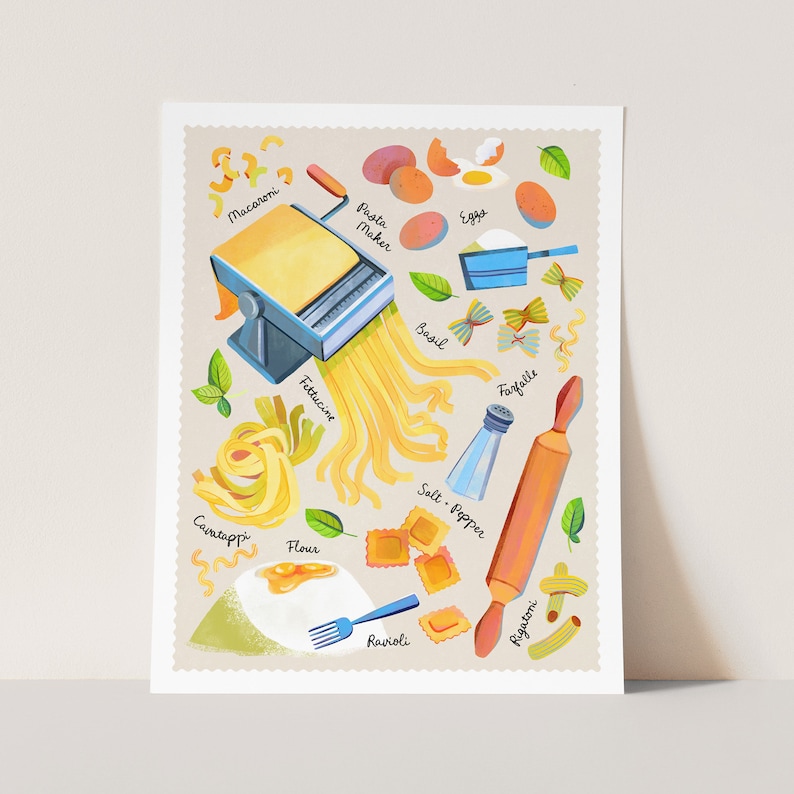 Pasta Making Art Print - 8x10, 11x14 Inches - Cooking Illustration ...