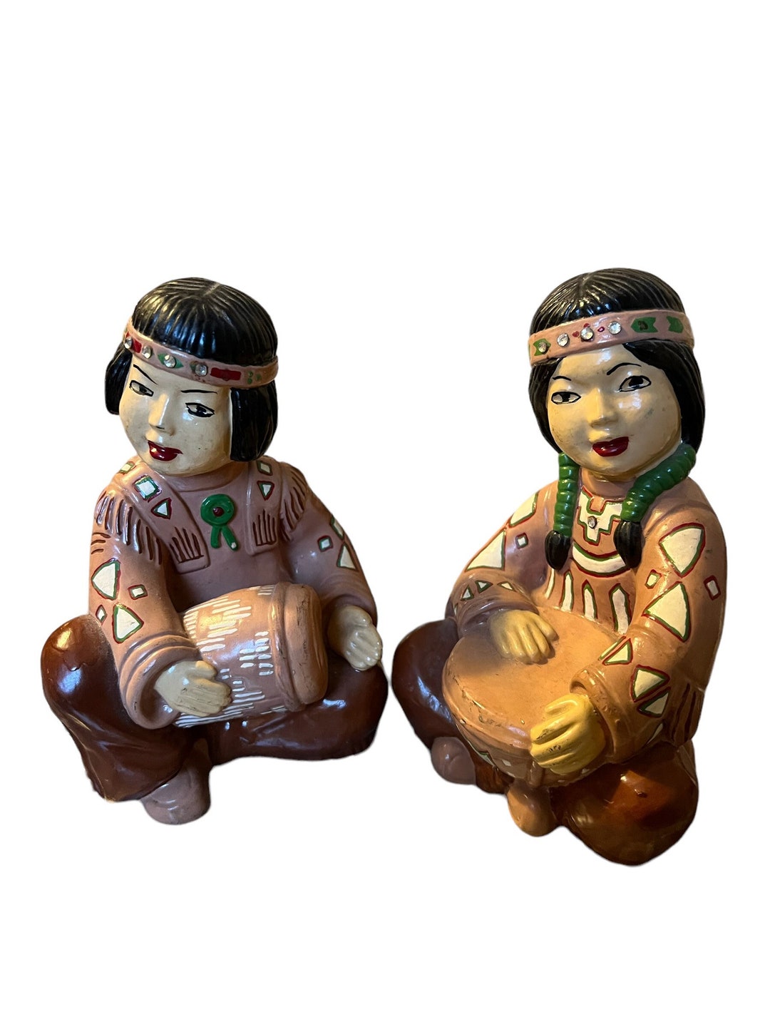 Vintage North American Indian Children Playing Drums Pair of Chalkware ...