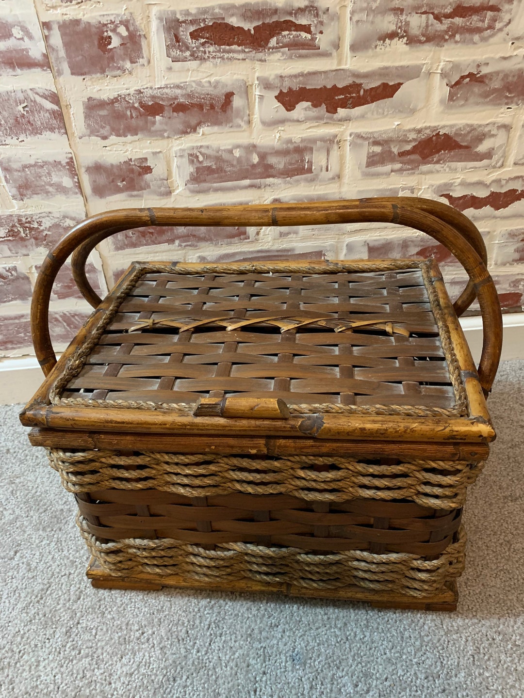 Vintage Antique Primitive Sewing Basket With Handles and Wooden Sewing ...