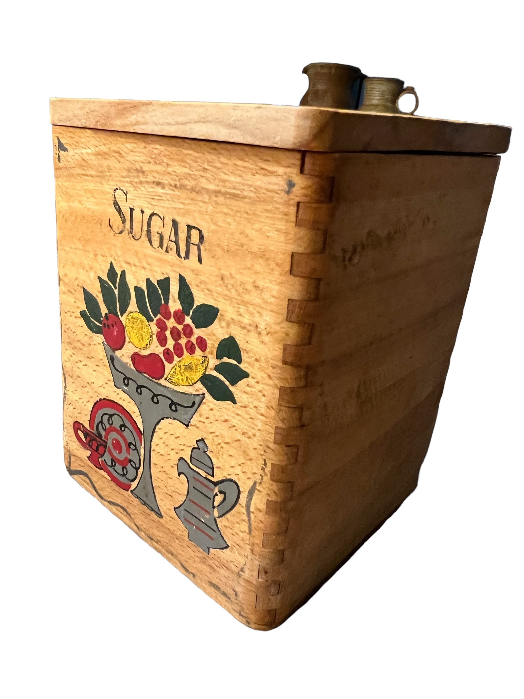 Vintage 1950s Wooden Sugar Canister, Hand Painted Kitchen Canister ...