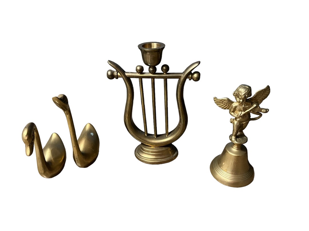 Vintage Brass Bell, Guardian Angel Bell, Brass Harp, Brass Set of Ducks ...