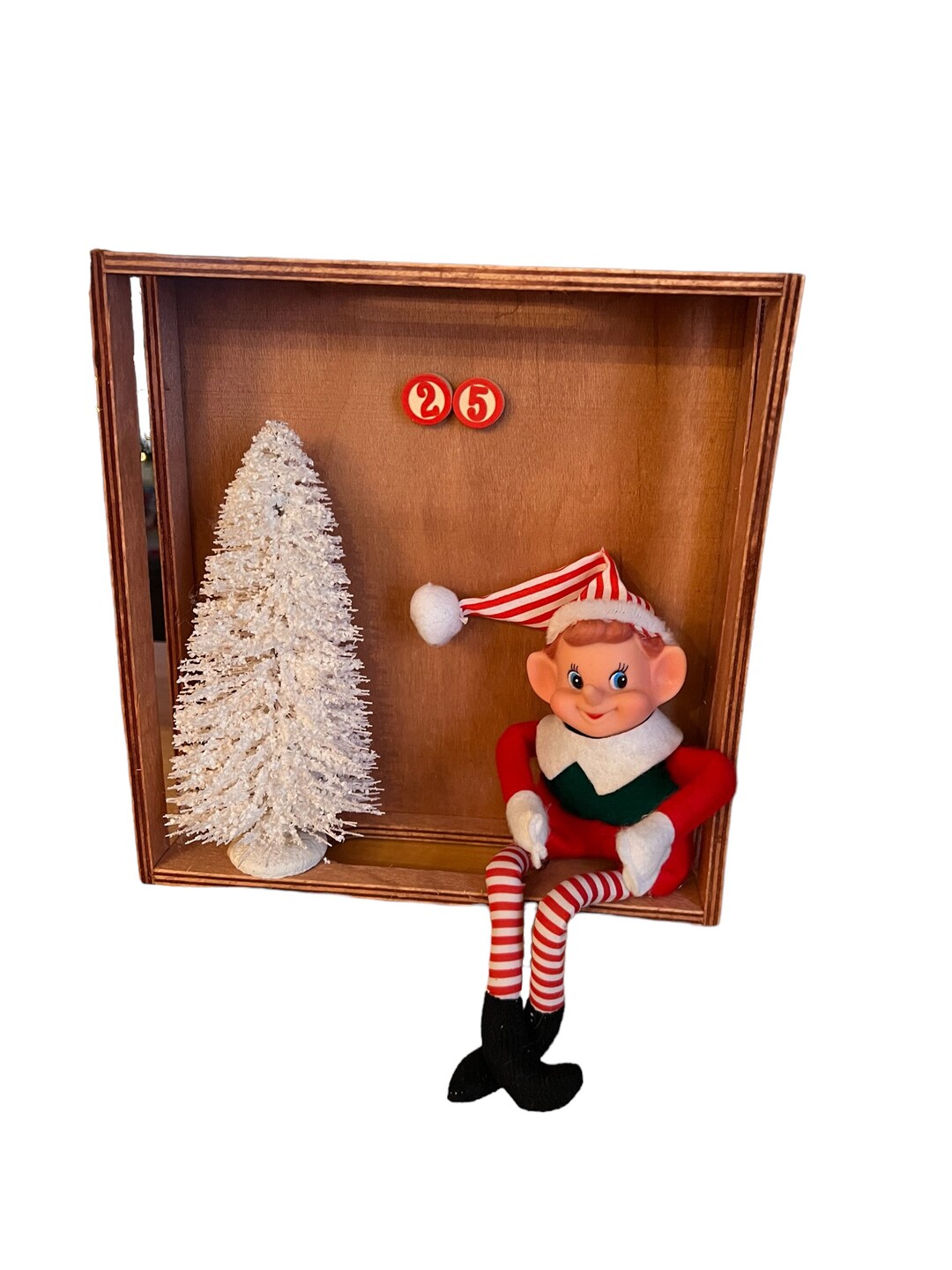 Vintage Elf Sitting on a Ledge, Elf Sitting in a Wooden Box, Assembled ...