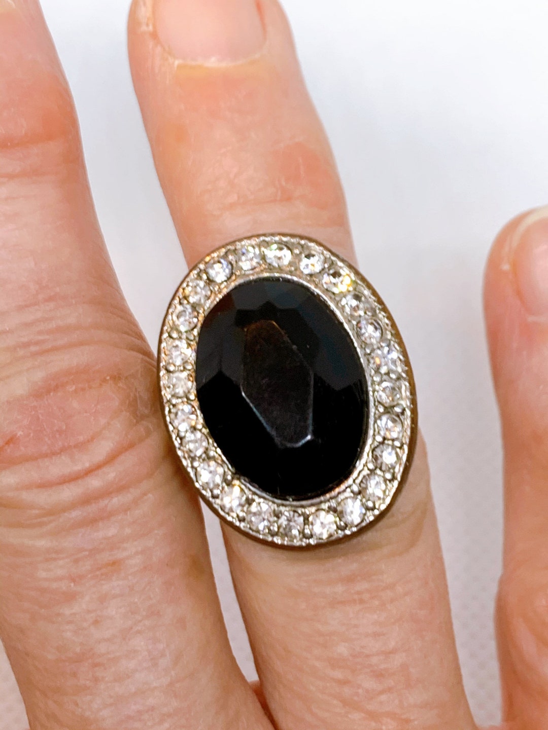 Vintage Silver Ring Black Stone Surrounded by Faux Glass Gemstones Faux ...