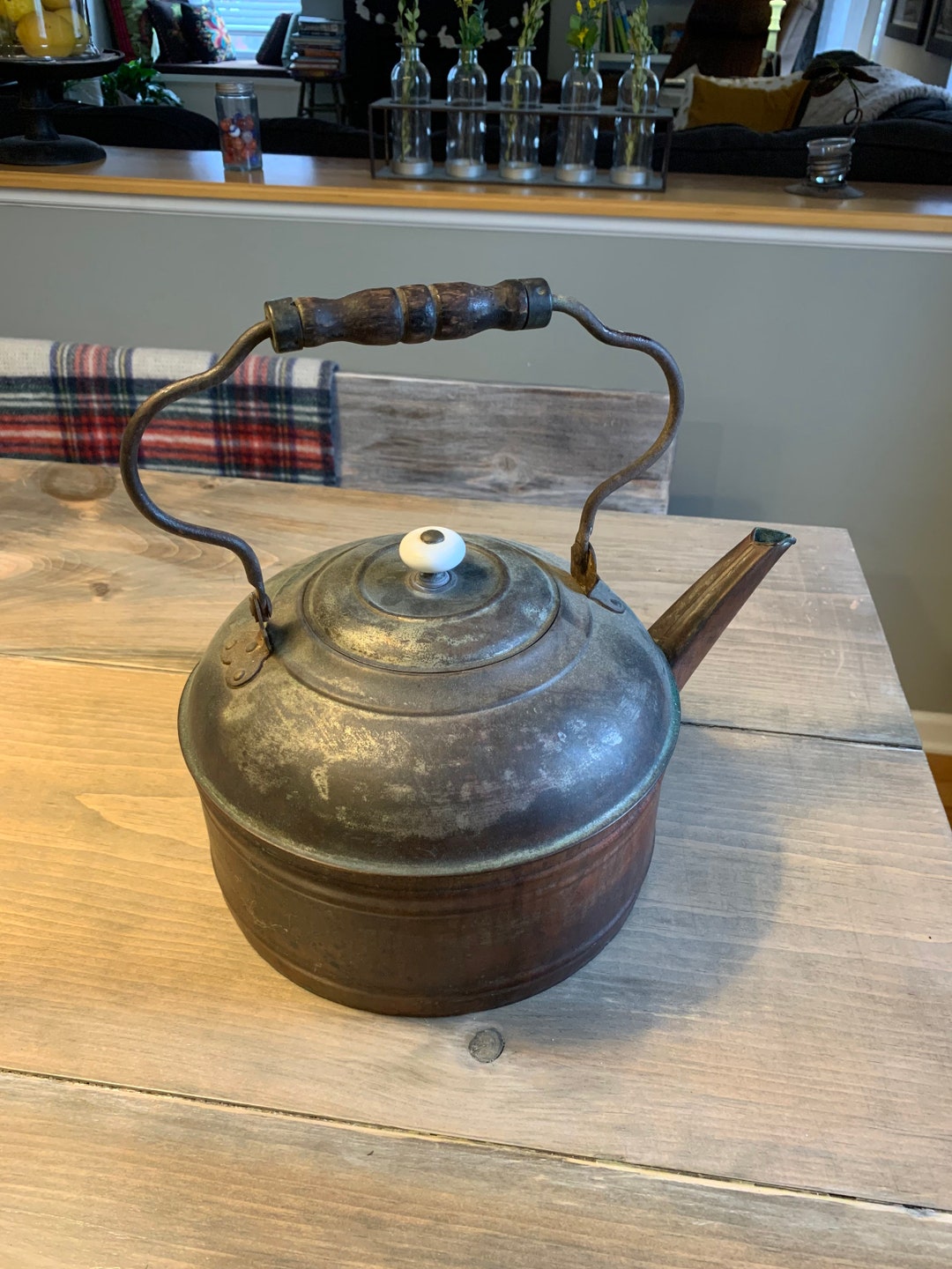 Antique Tea Kettle With Wood Turned Handle, Farmhouse Kitchen - Etsy