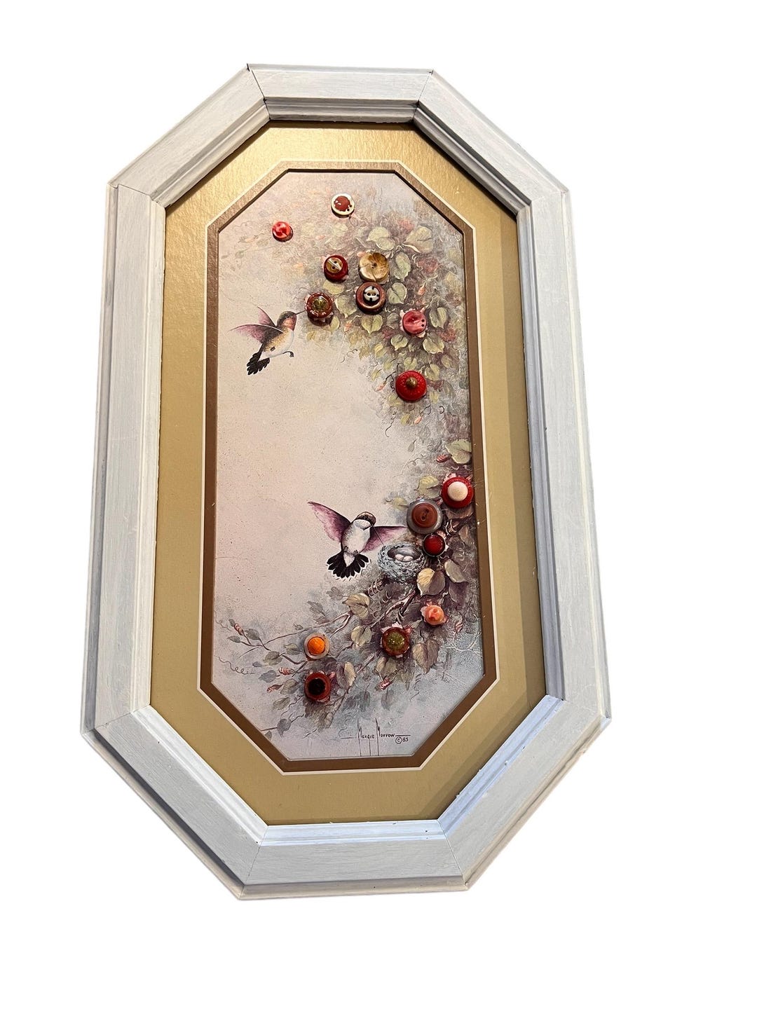 Vintage White Framed Button Art Hummingbird and Flowers Made With ...