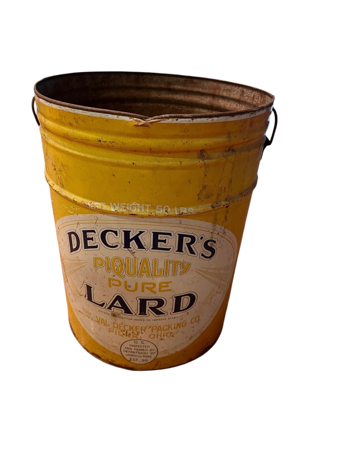 Large Yellow 50 Lb Decker's Lard Tin, Piqua Ohio, Piquality Pure Lard ...