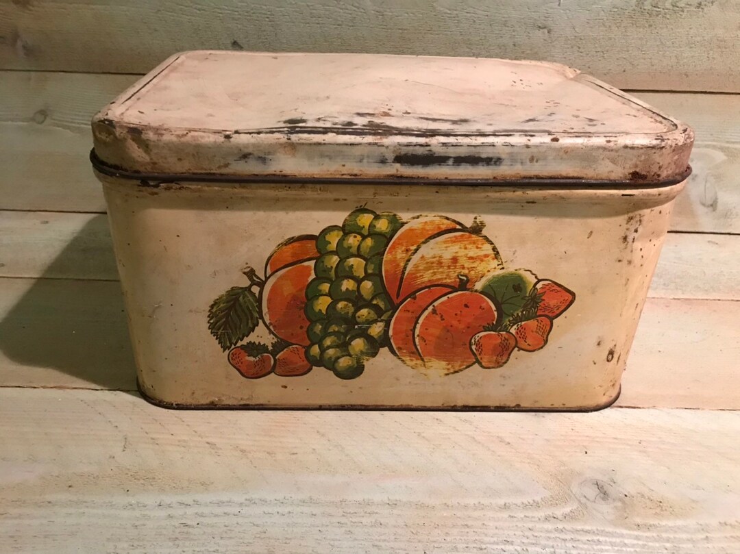Bread Tin Mid Century Cream Colored Bread Box With Fruit Motif ...