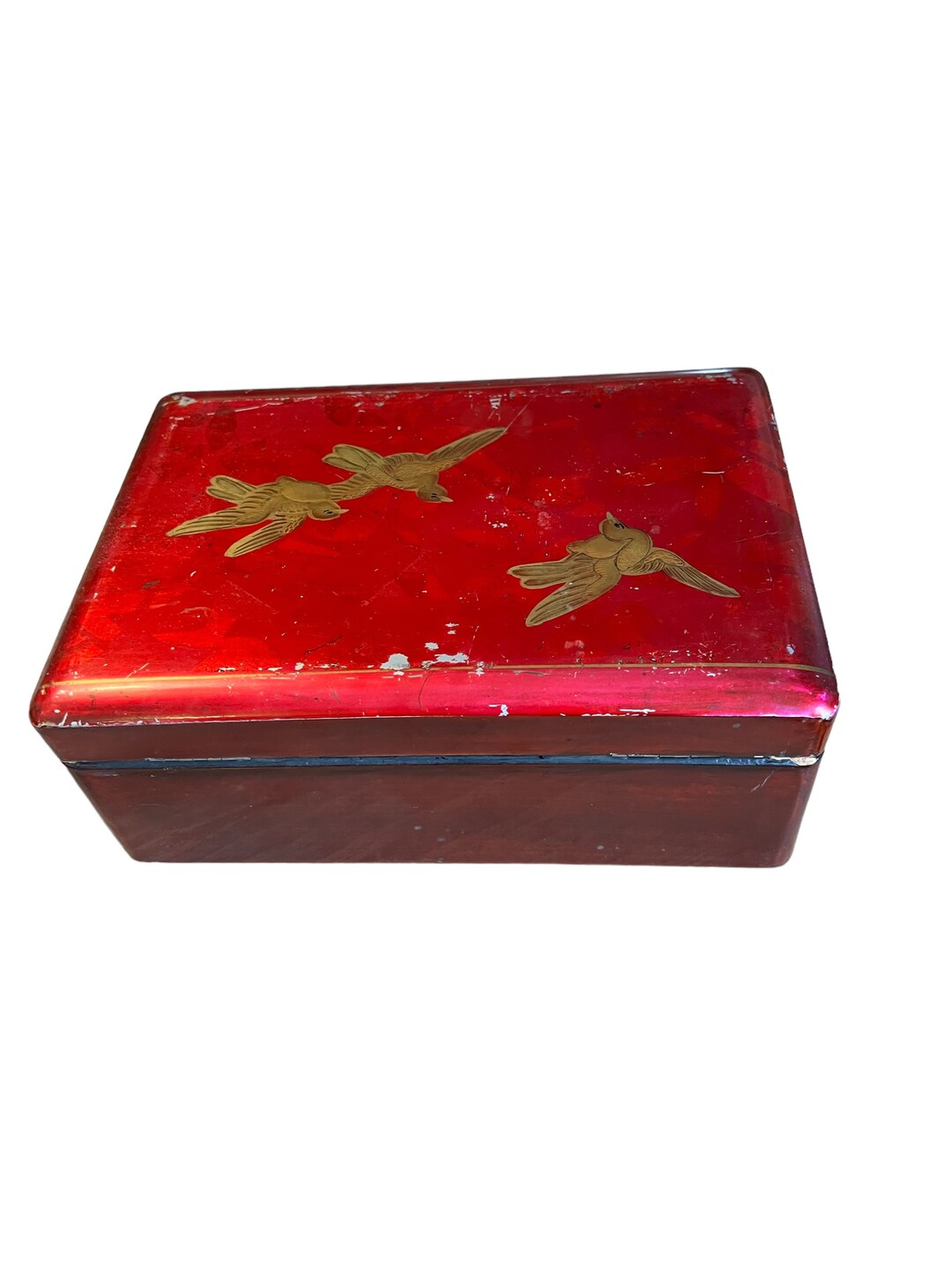 Primitive Red Box With Bird Motif Made of Lacquer With Small Vintage ...