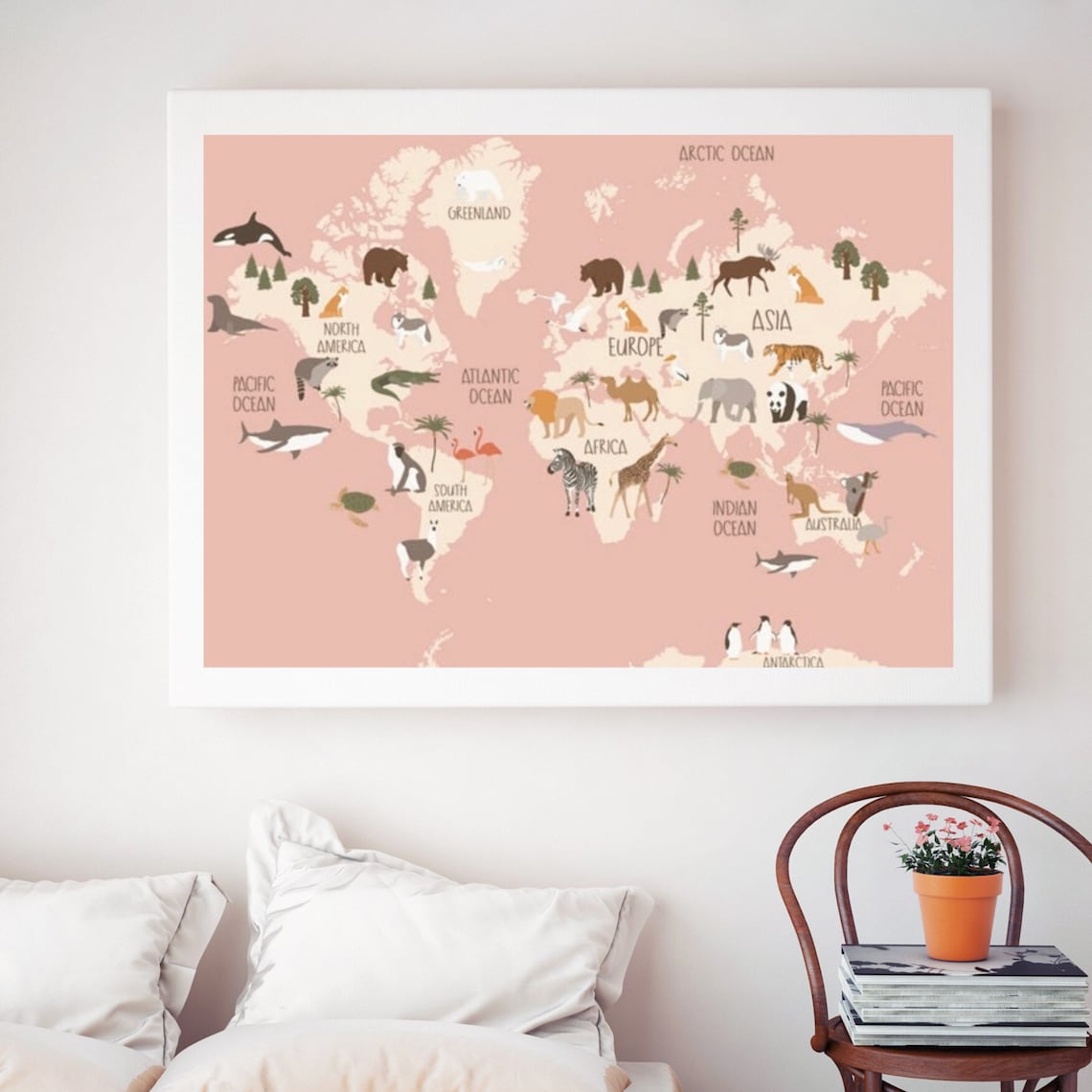 Pink Animal World Map, Kids Map Art, Map Nursery Printable, Kids Map ...