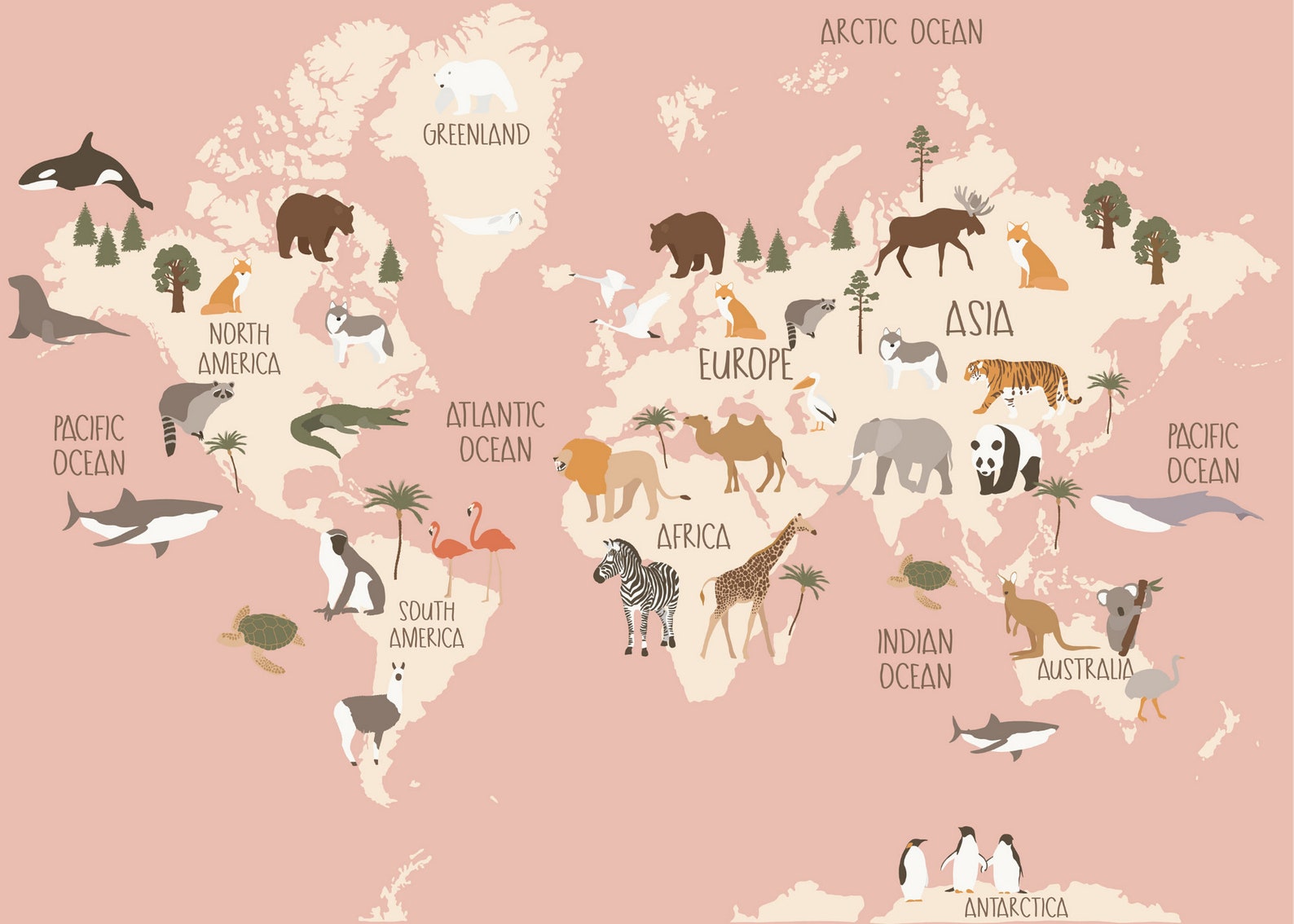 Pink Animal World Map, Kids Map Art, Map Nursery Printable, Kids Map ...