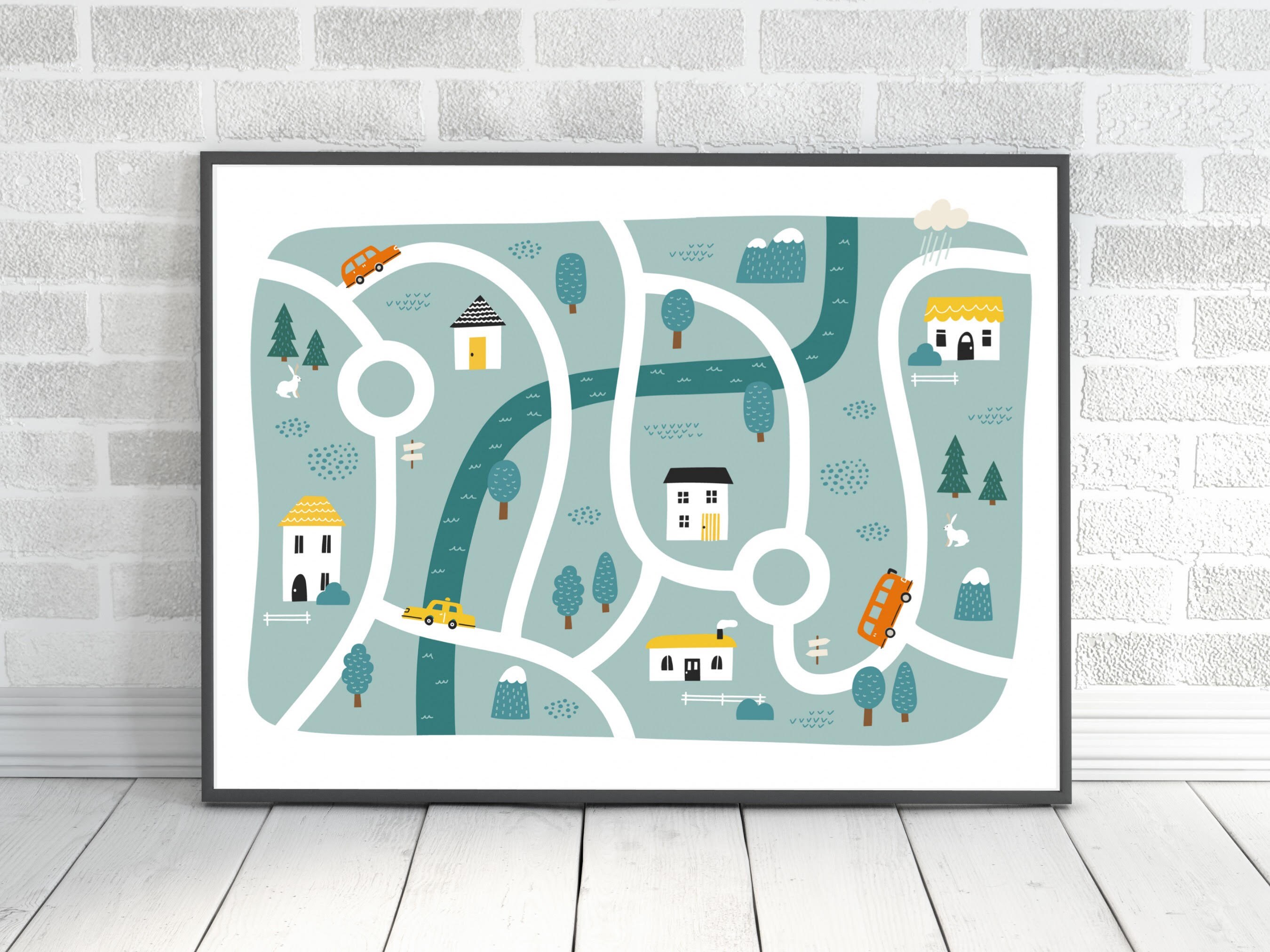 Road Map Car Print, Kids Room Wall Art, Vehicle Wall Art, Kids Map Art ...