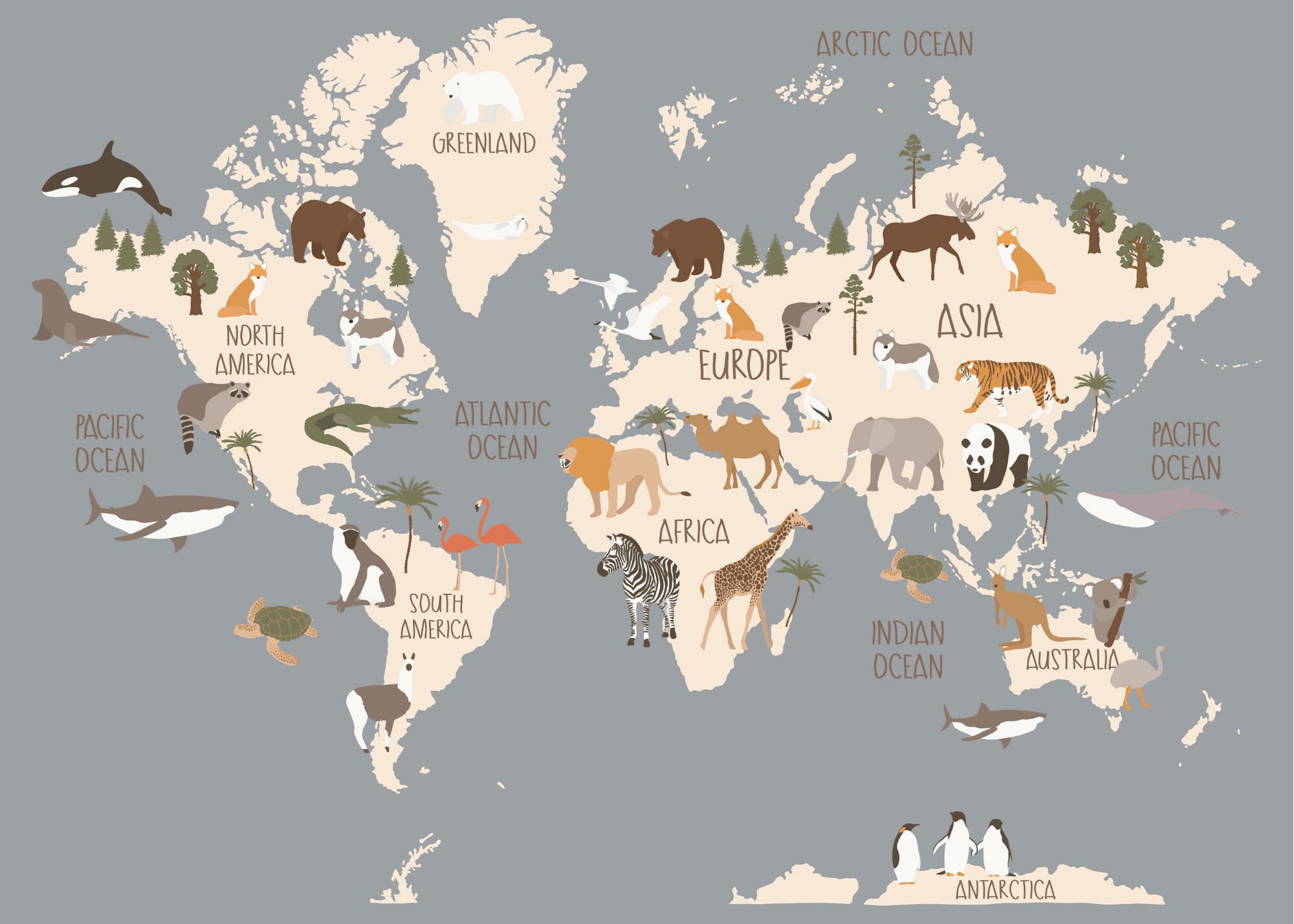 Grey Animal World Map, Children's Educational Map, Nursery Decor ...
