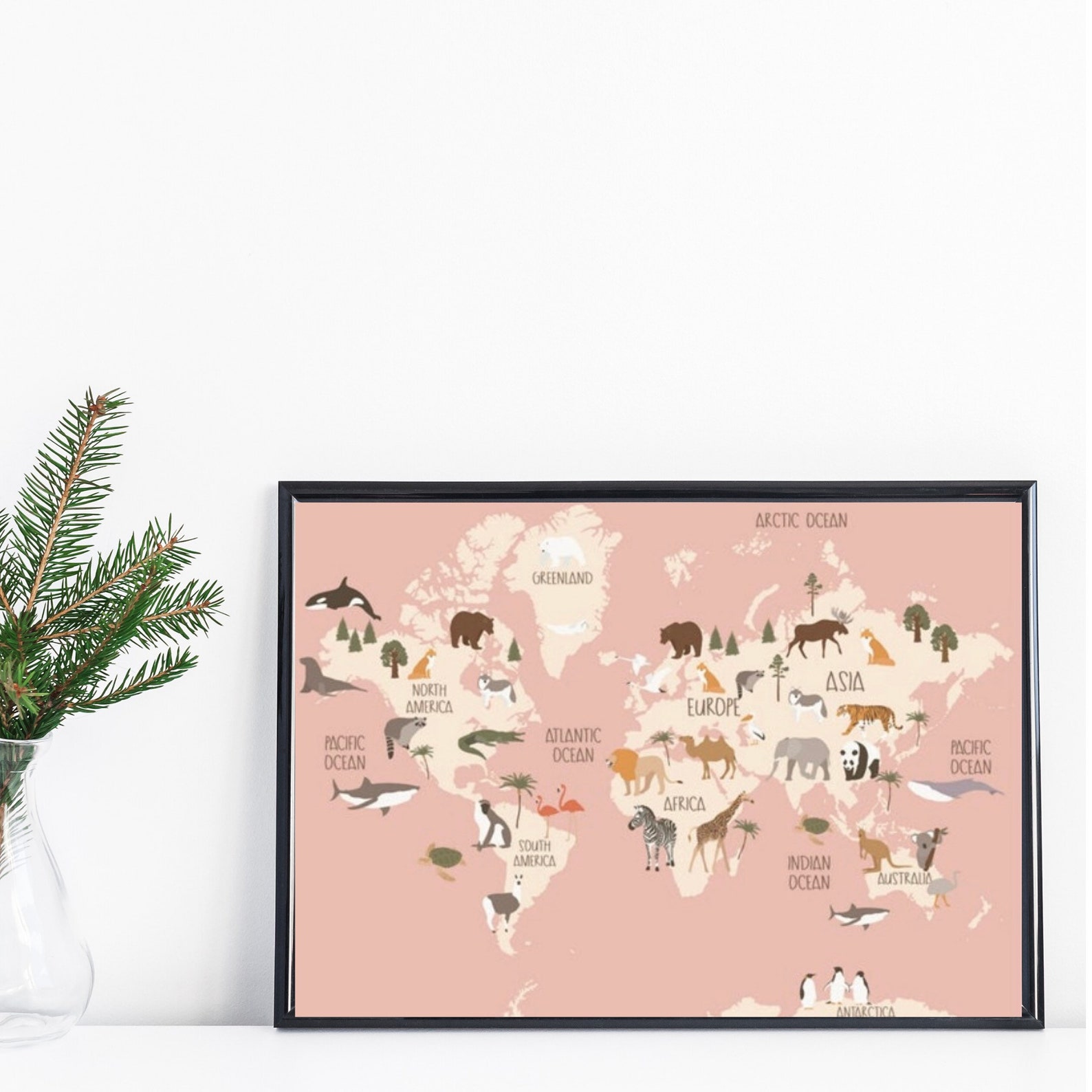 Pink Animal World Map, Kids Map Art, Map Nursery Printable, Kids Map ...