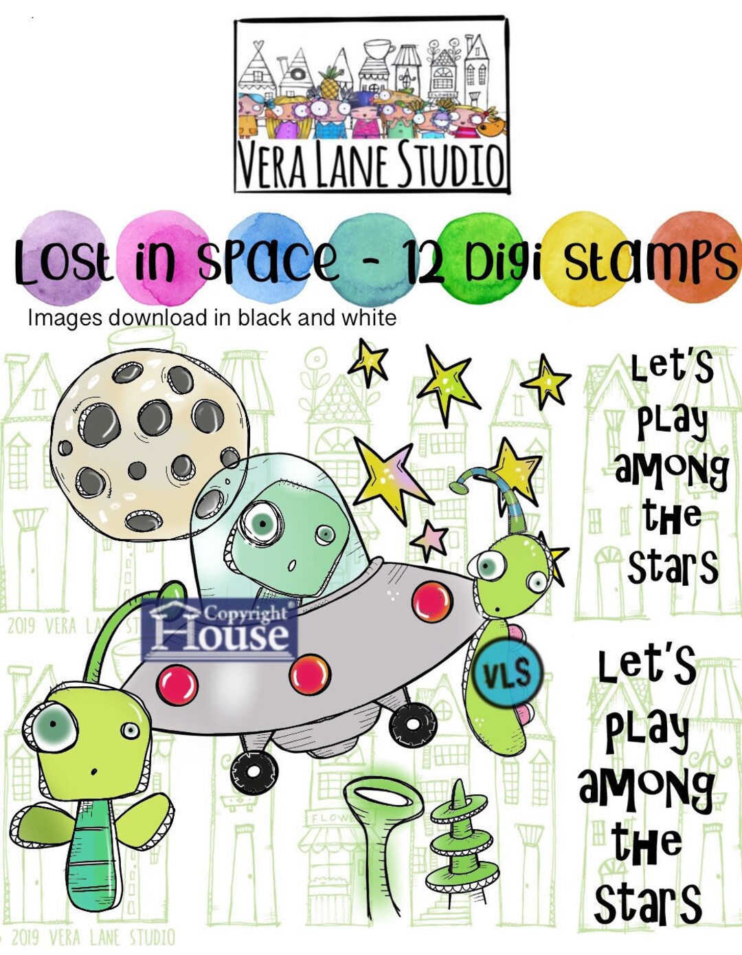 Lost in Space Quirky Flying Saucer and Aliens Digi Stamp Set 12 Stamps ...