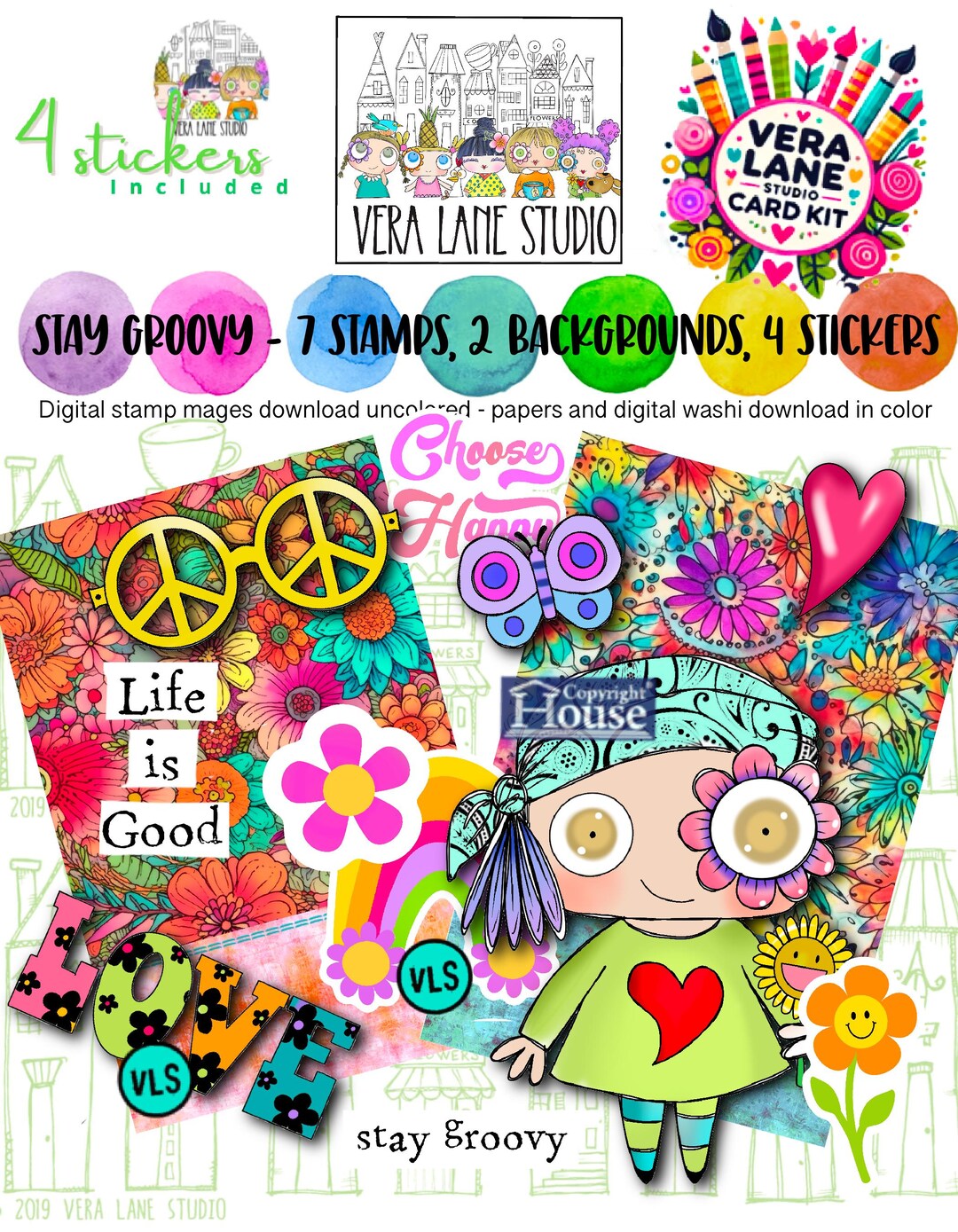 Stay Groovy Digi Stamp Bundle: Retro Card & Scrap Kit (PNG, JPG Files ...