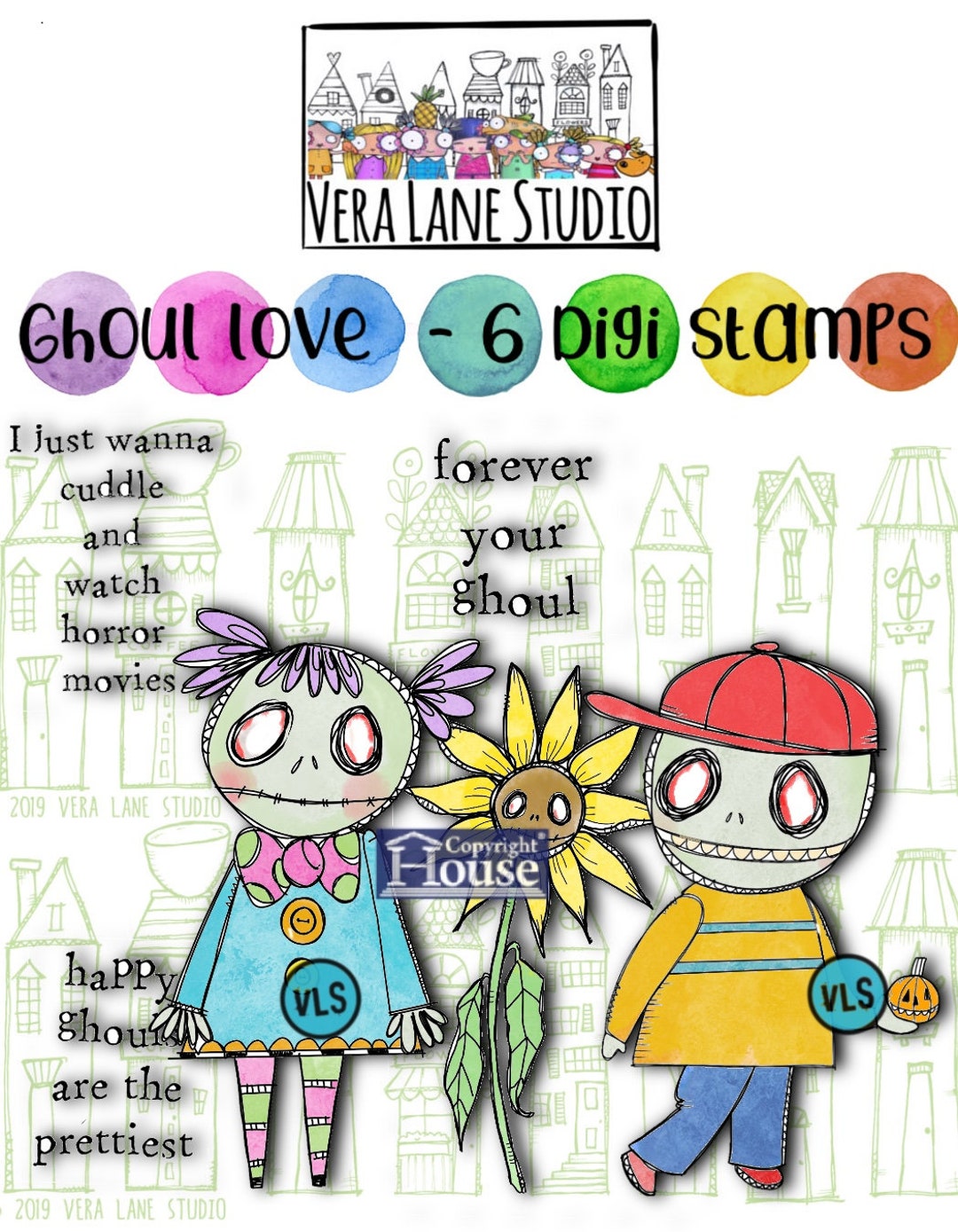 Ghoul Love - 6 Digi Stamps in Jpg and Png Files Creepy Cuties for Halloween Mixed Media and Card ...