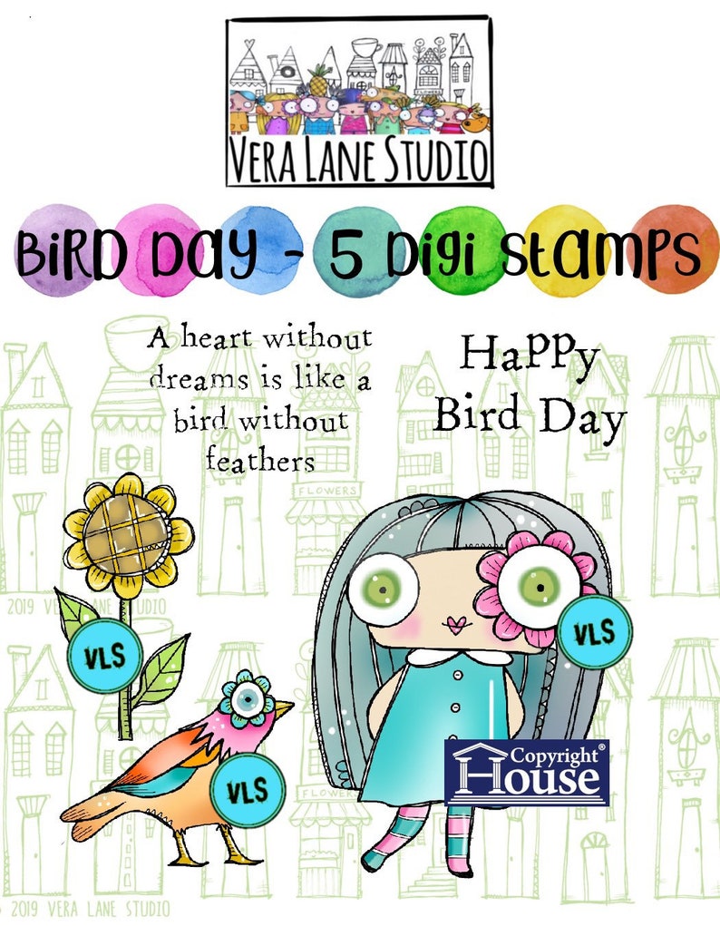 Bird Day Quirky Gal With Bird Four Digi Stamp Set - Etsy