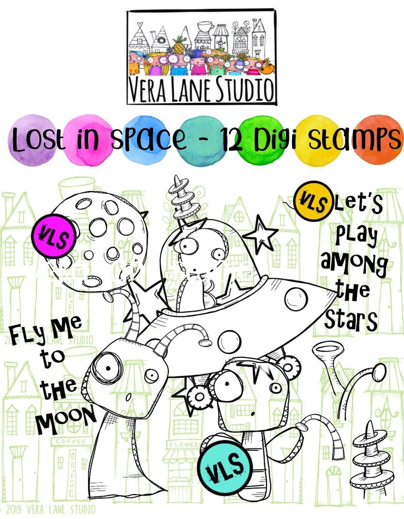 Lost in Space Quirky Flying Saucer and Aliens Digi Stamp Set | Etsy