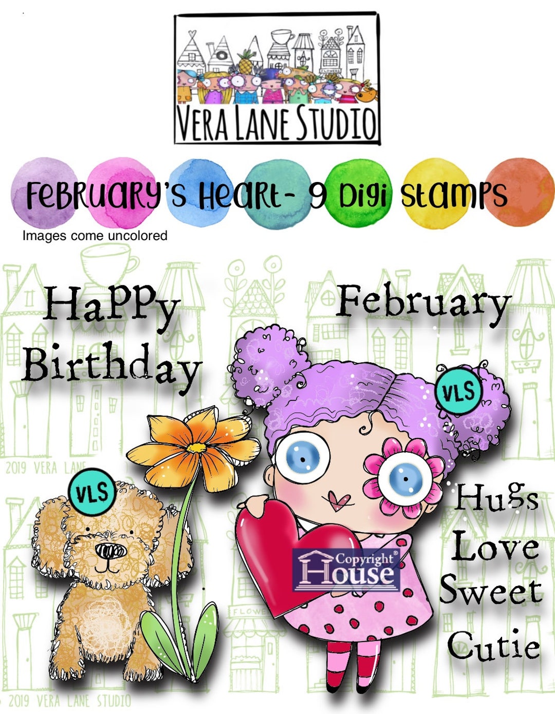 February's Heart Digi Stamp Bundle: Valentine Whimsical Girl (JPG, PNG ...